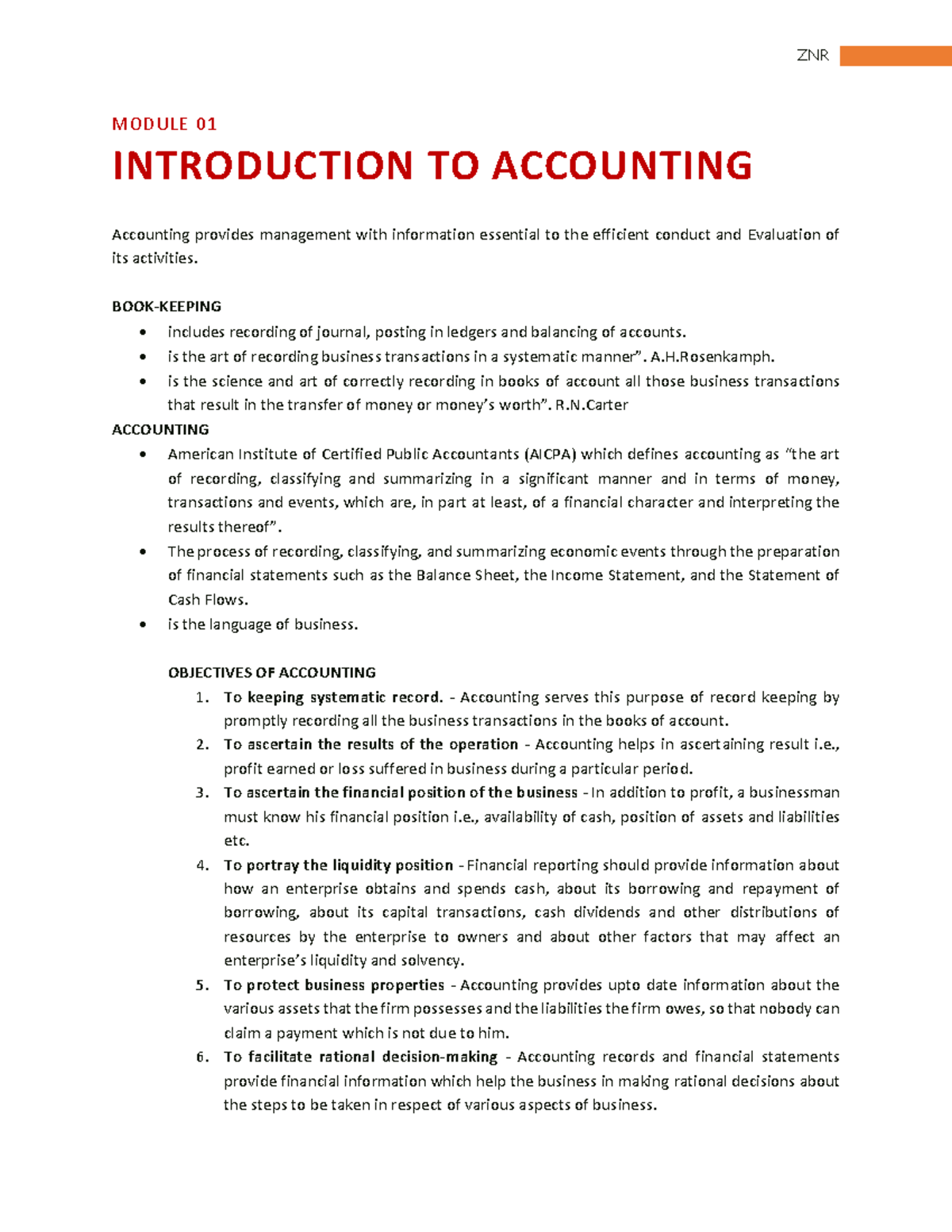 Lecture 01 Accounting - MODULE 01 INTRODUCTION TO ACCOUNTING Accounting ...