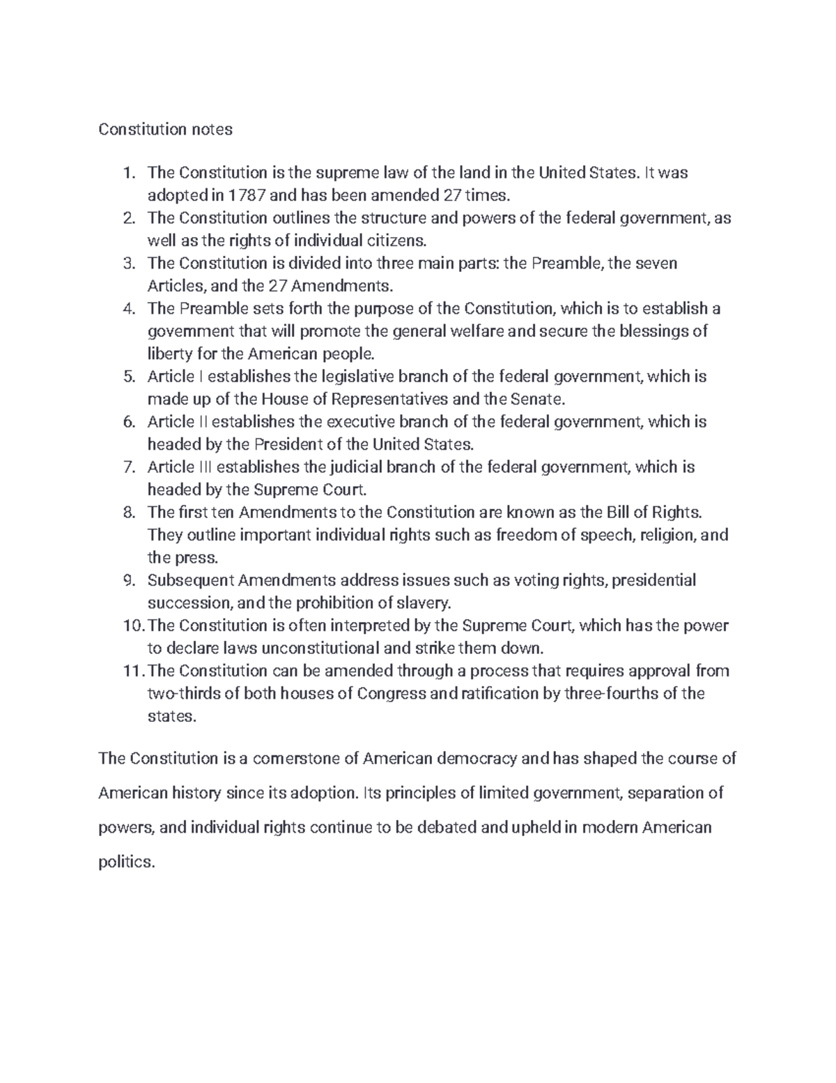 Constitution notes - Constitution notes The Constitution is the supreme ...