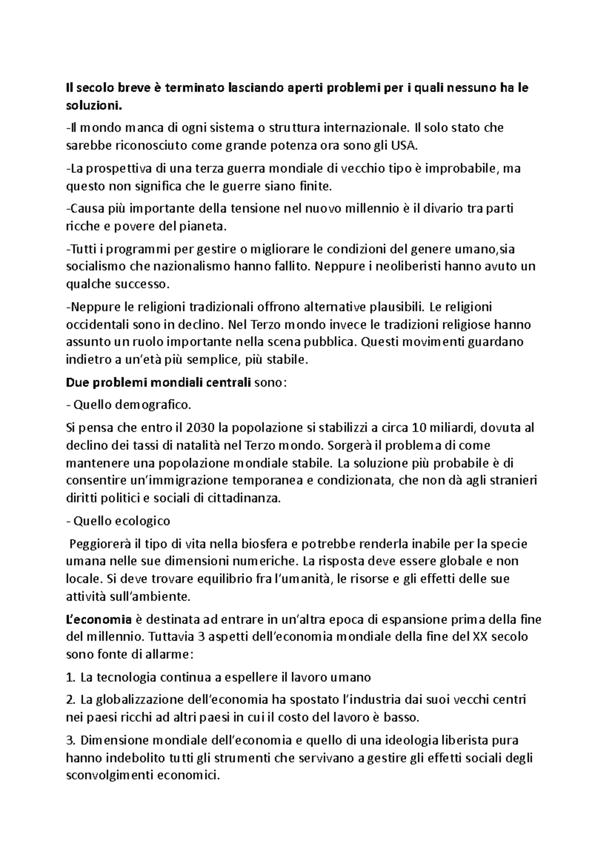 Secolo breve 1 - Il secolo breve è terminato lasciando aperti problemi ...