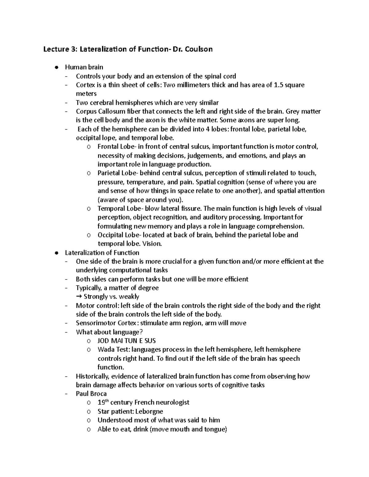 COGS 1 Lecture Notes - Lecture 3: Lateralization of Function- Dr ...