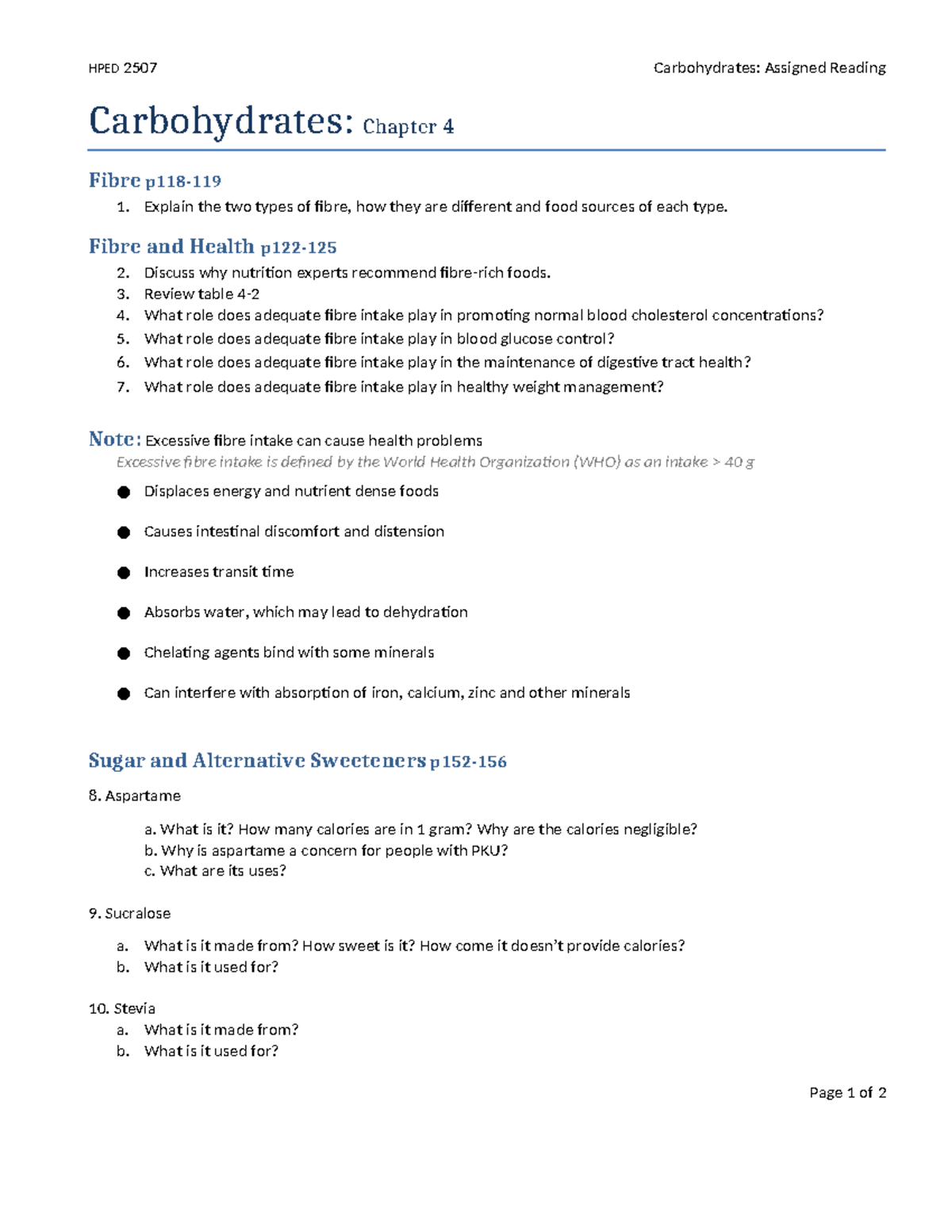 Assigned Reading Carbohydrates - HPED 2507 Carbohydrates: Assigned ...