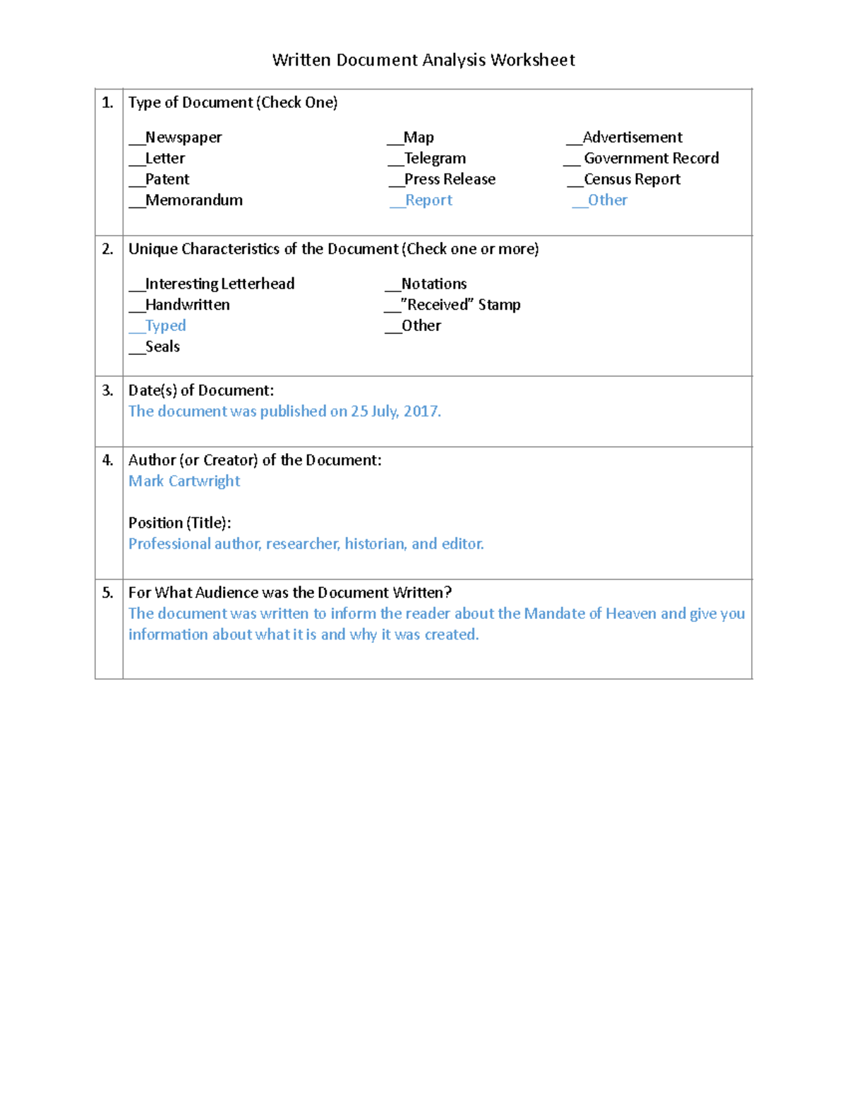 Written Document Analysis Worksheet HIS-111, 112 - Wri$en Document Analysis Worksheet Type of ...