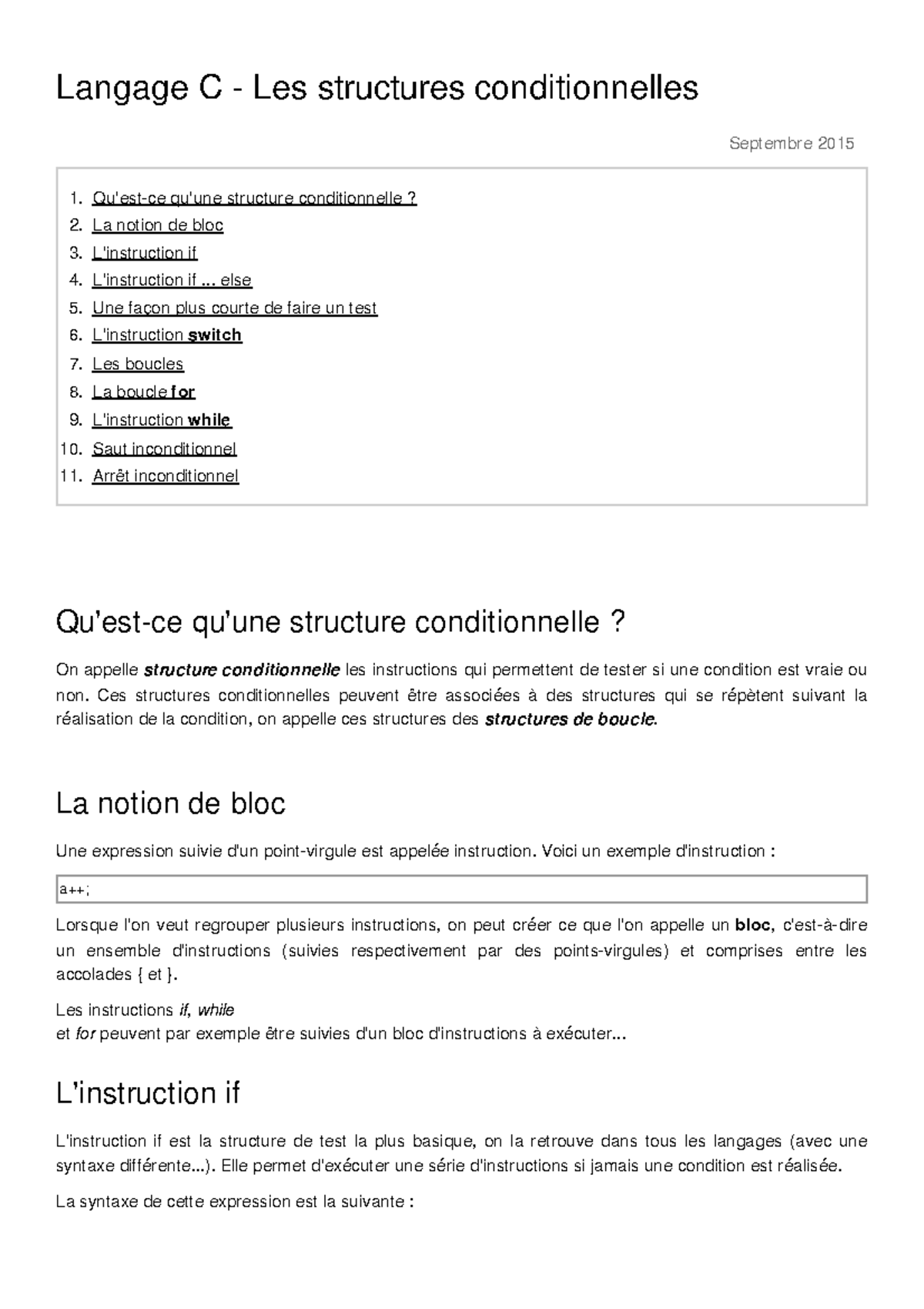 Langage C - Les structures conditionnelles - Septembre 2015 Langage C - Les structures - Studocu