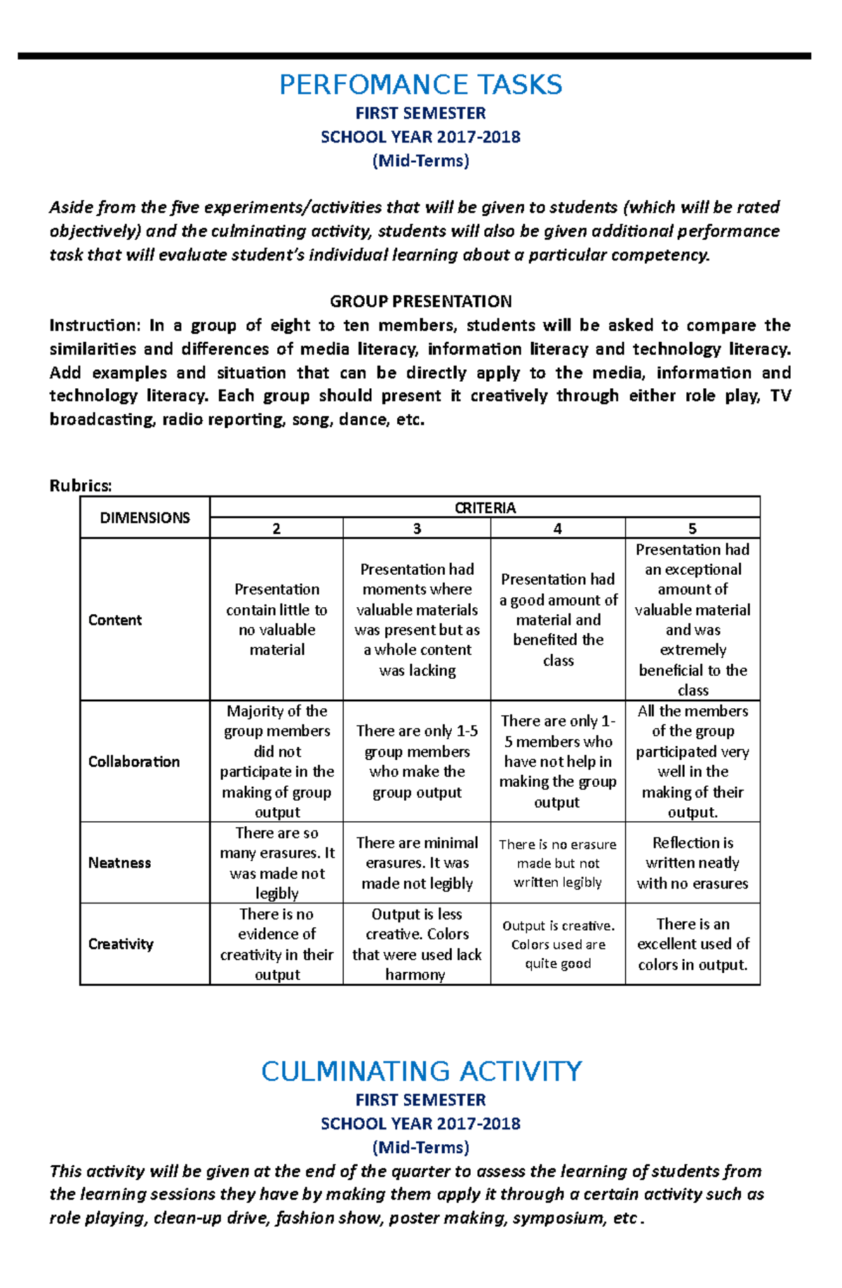 Performance Tasks 2017-2018 - PERFOMANCE TASKS FIRST SEMESTER SCHOOL YEAR 2017- (Mid-Terms ...