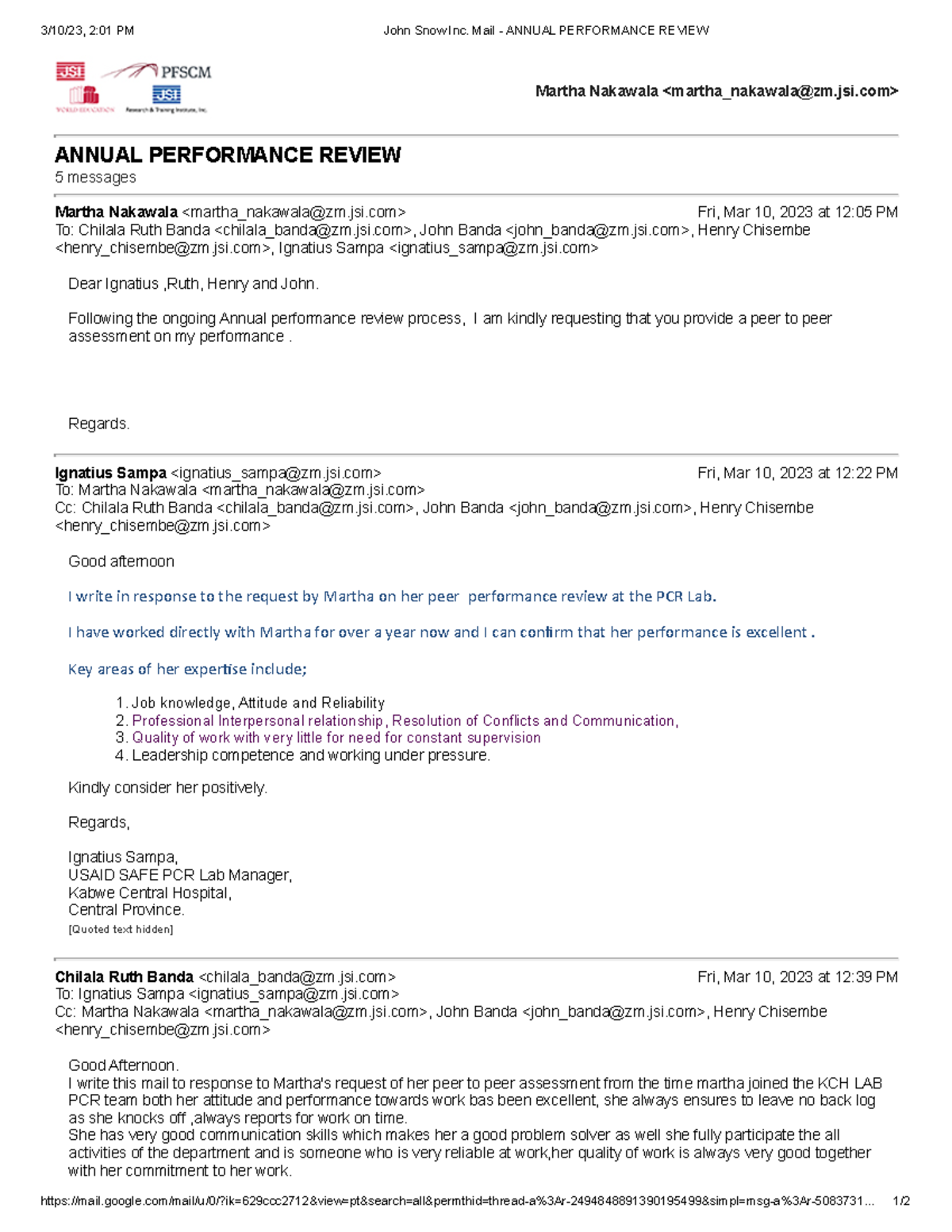 Peers Reviews - nil - 3/10/23, 2:01 PM John Snow Inc. Mail - ANNUAL ...