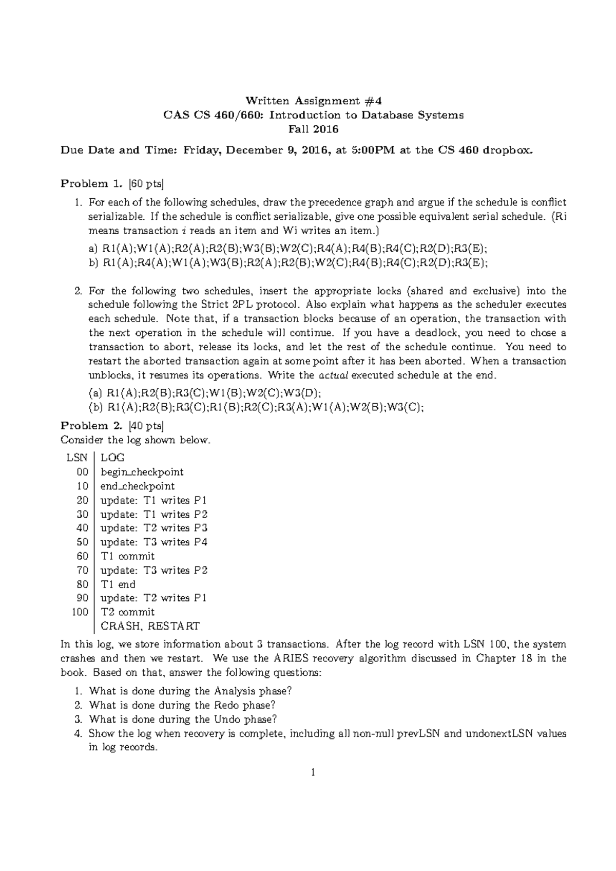 Hmw4 - ASSIGNMENTS - Written Assignment # CAS CS 460/660: Introduction to Database Systems Fall ...