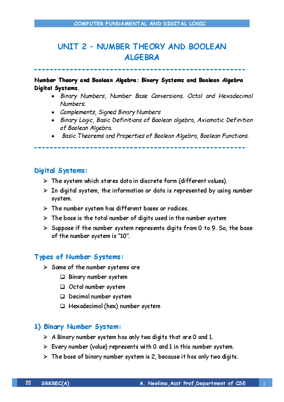 UNIT-2-CFDL Number conversions - UNIT 2 – NUMBER THEORY AND BOOLEAN ALGEBRA Number Theory and ...