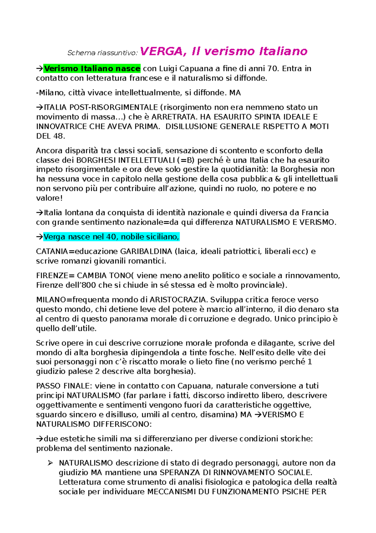 Schema riassuntivo Verga - Schema riassuntivo: VERGA, Il verismo ...