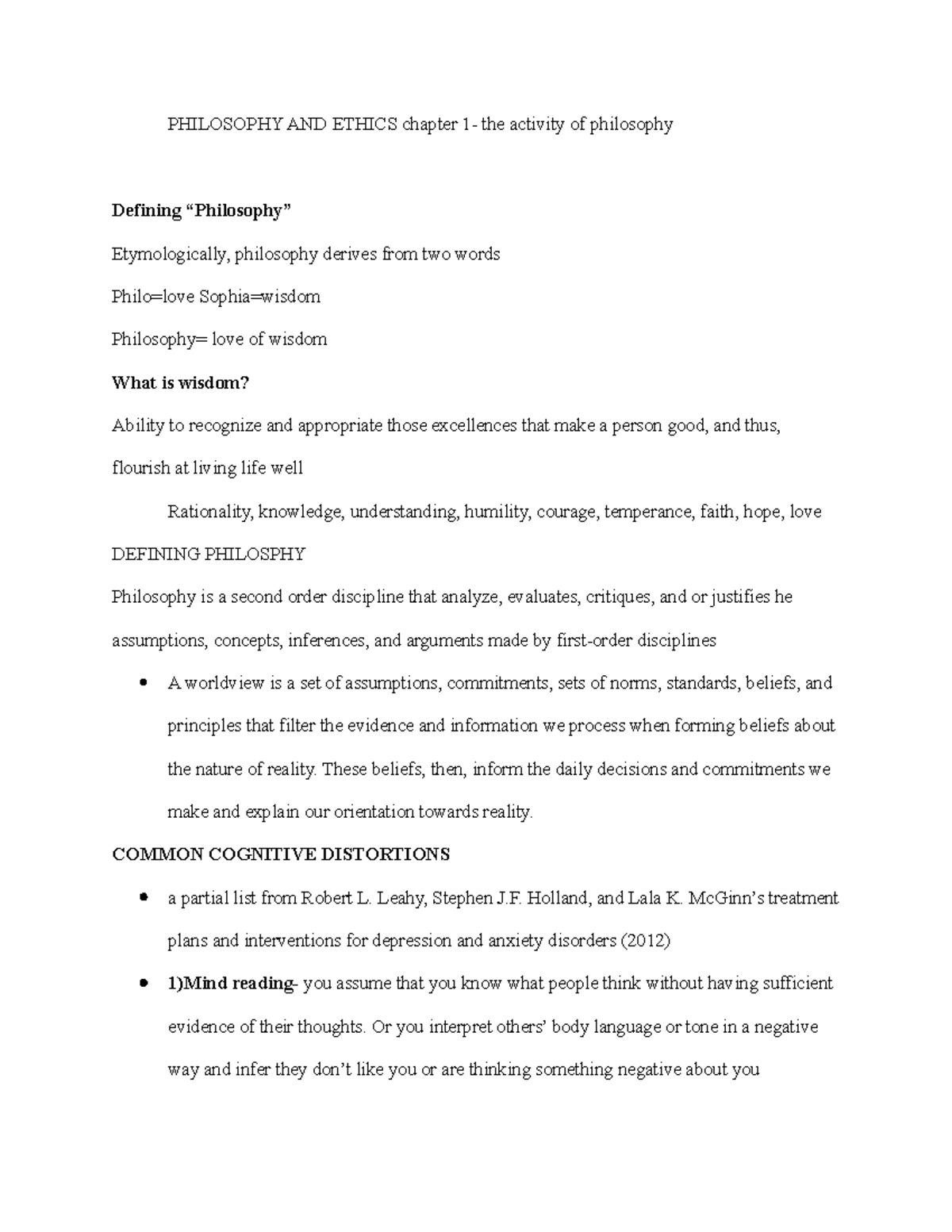 Philosophy Notes Topics 1-2 - PHILOSOPHY AND ETHICS chapter 1- the ...