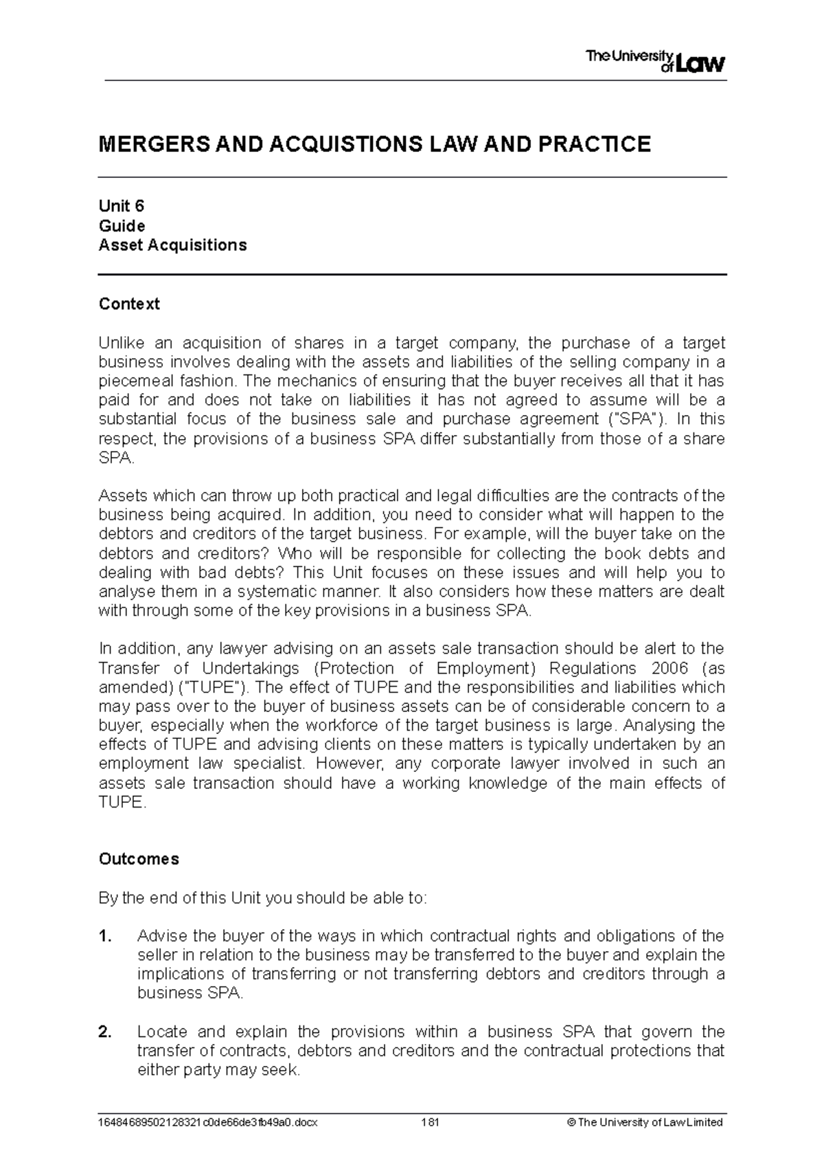 Guide - MERGERS AND ACQUISTIONS LAW AND PRACTICE Unit 6 Guide Asset ...