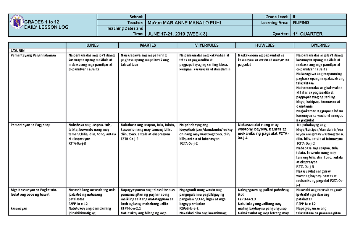 Filipino 2 Q1 W3 DLL - none - GRADES 1 to 12 DAILY LESSON LOG School: Grade Level: II Teacher ...