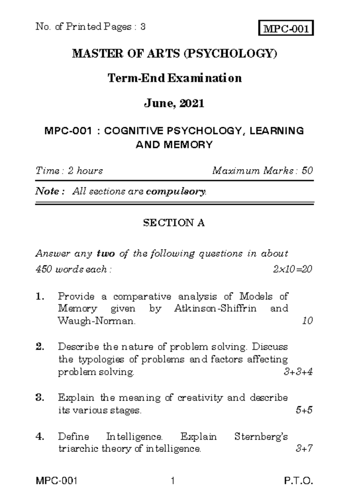 MPC-1 - MAPC cognitive psychology previous year question paper - MPC-001 1 P.T. MPC- MASTER OF ...