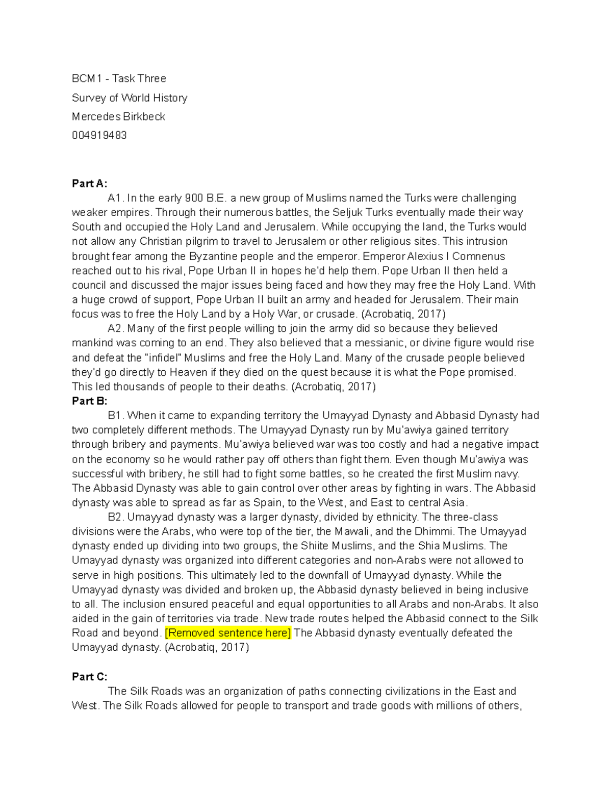 BCM1 - Task Three updated-1 - BCM1 - Task Three Survey of World History ...