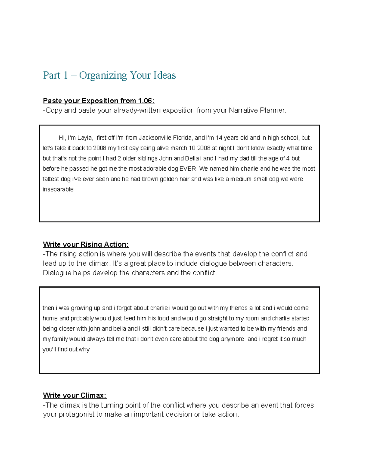1 - narrative - Part 1 – Organizing Your Ideas Paste your Exposition ...