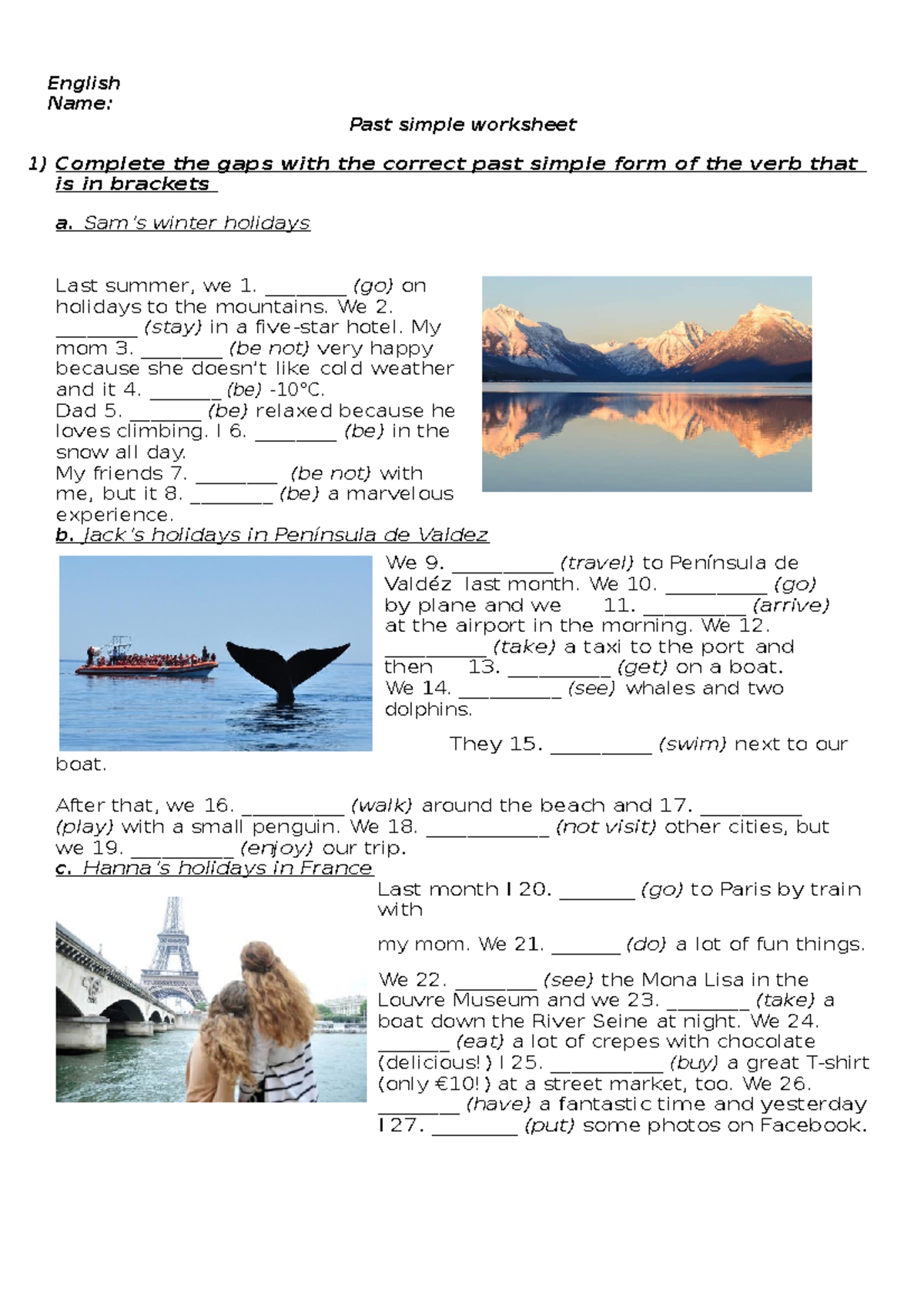 Past simple worksheet - holidays - English Name: Past simple worksheet ...