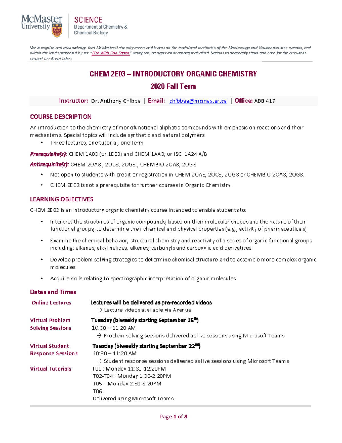 CHEM 2E03-Introductory Organic Chemistry - F2020 - Warning: TT: undefined function: 32 Warning ...