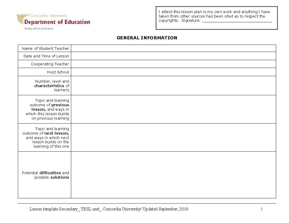 TESL Lesson Plan Template Secondary 2018 - GENERAL INFORMATION Name of ...