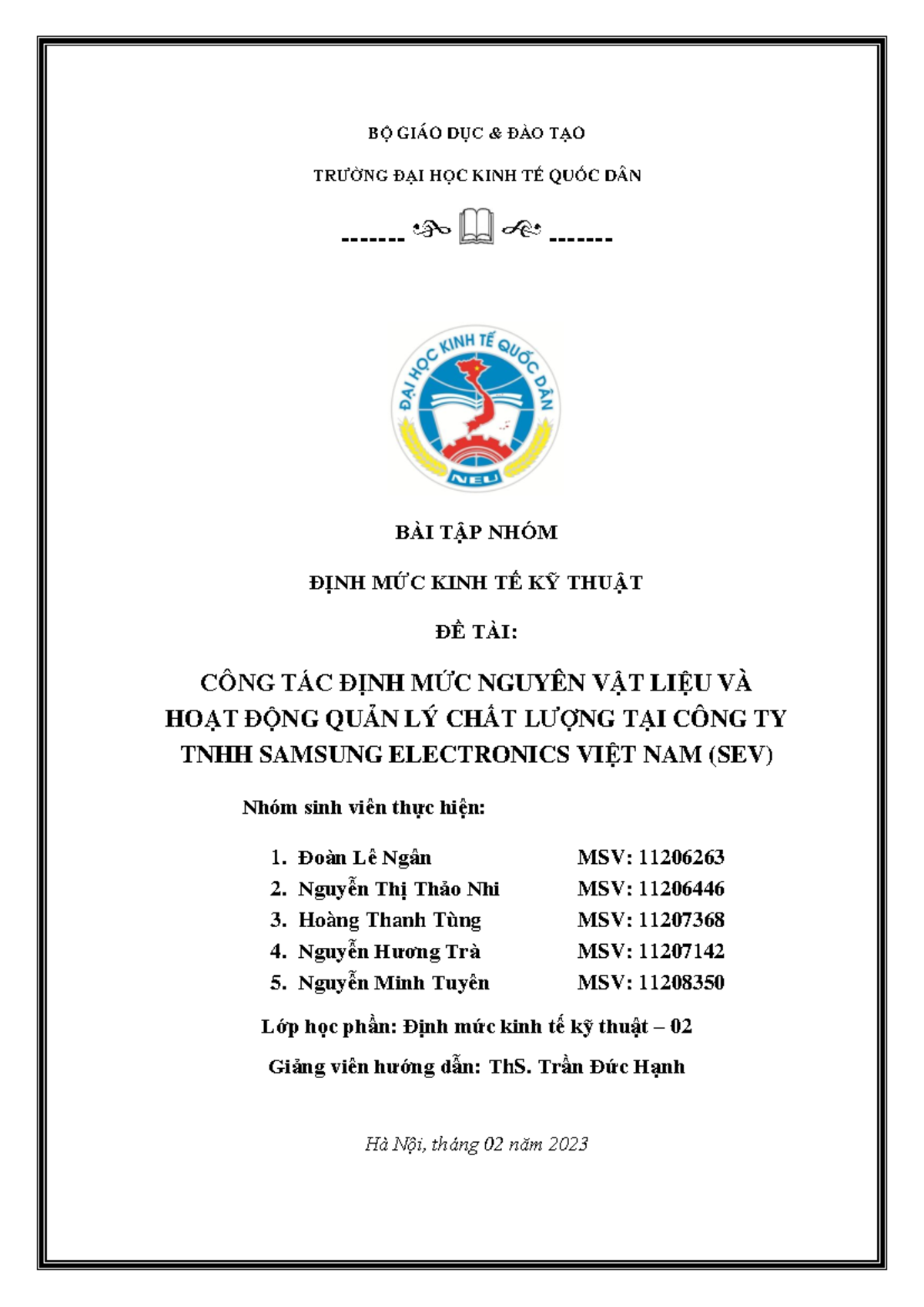 Định mức KTKT - SEV - BỘ GIÁO DỤC & ĐÀO TẠO TRƯỜNG ĐẠI HỌC KINH TẾ QUỐC ...