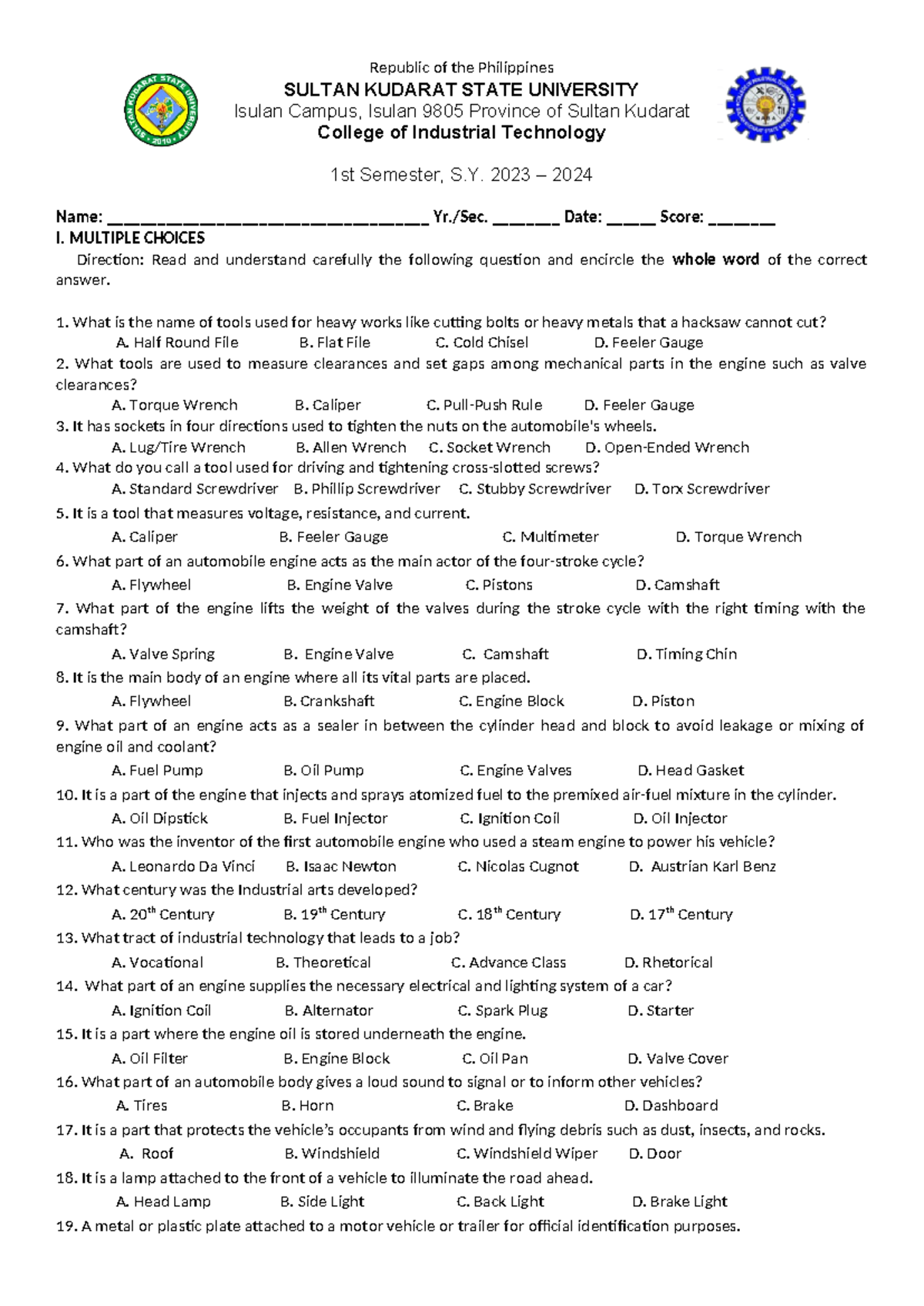 TLE EXAM - TLE - Republic of the Philippines SULTAN KUDARAT STATE ...
