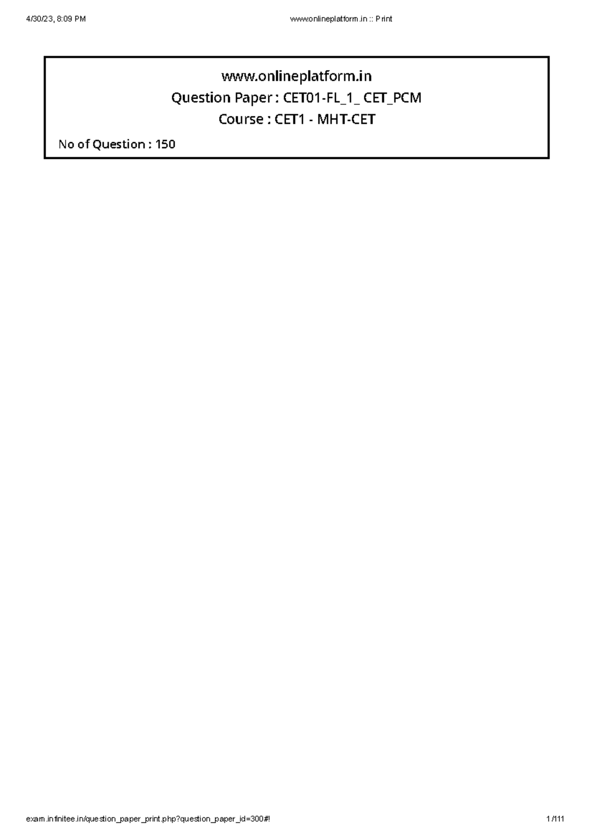 30th april paper and solution - onlineplatform Question Paper : CET01 ...