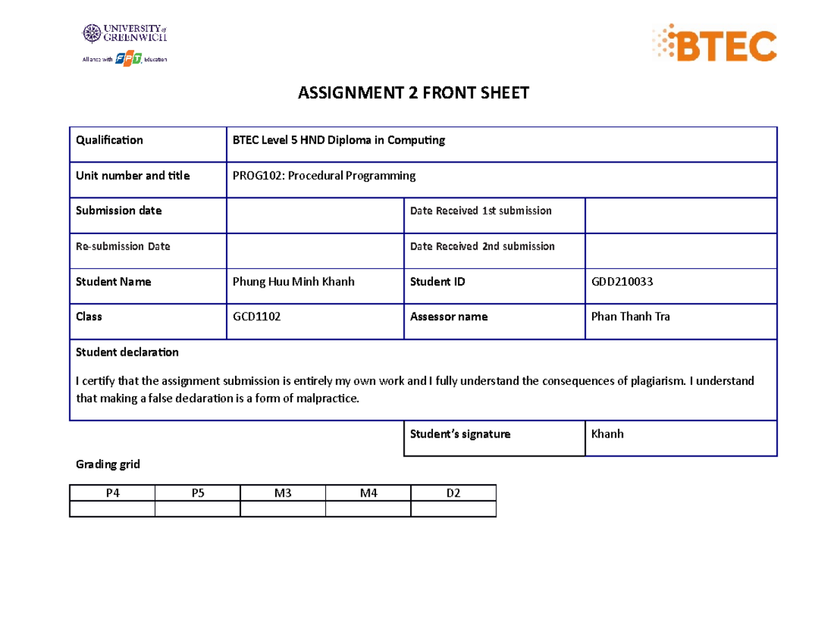 PROG102 - Assignment 2 frontsheet - ASSIGNMENT 2 FRONT SHEET Qualification BTEC Level 5 HND ...