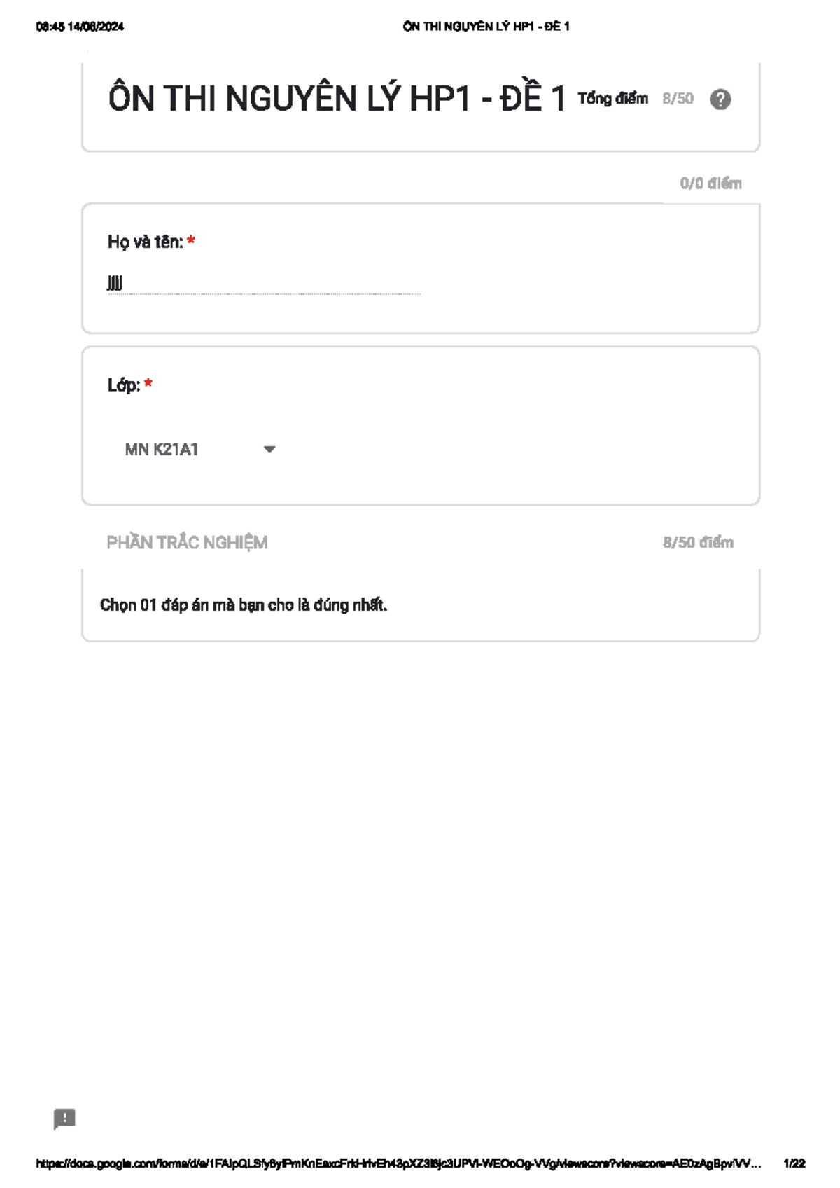 ÔN THI Nguyên LÝ HP1 - ĐỀ 1 - 08:45 ÔN THI NGUYÊN LY HP1 DÈ 1 ÔN THI NGUYÊN LY HP1 DÊ 1 Tong ...