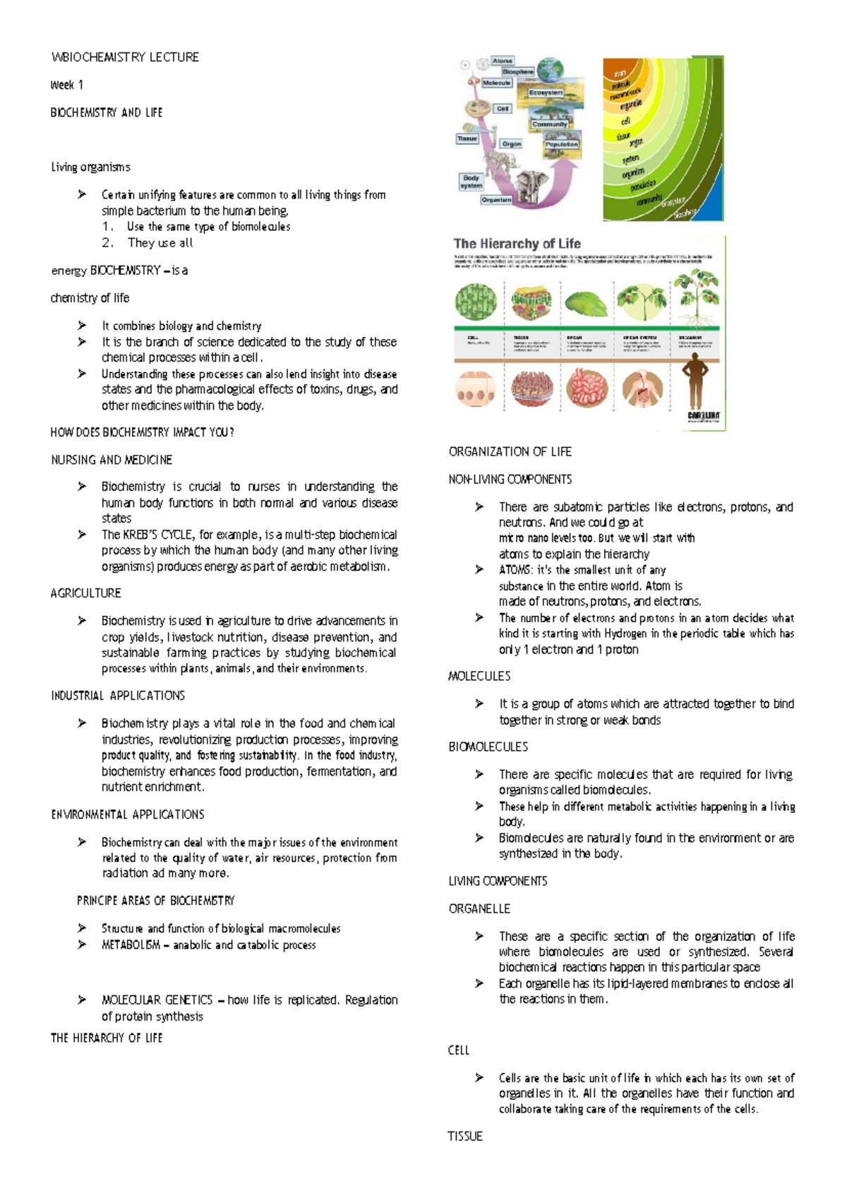 Biochemistry Lecture - WBIOCHEMISTRY LECTURE Week 1 BIOCHEMISTRY AND ...