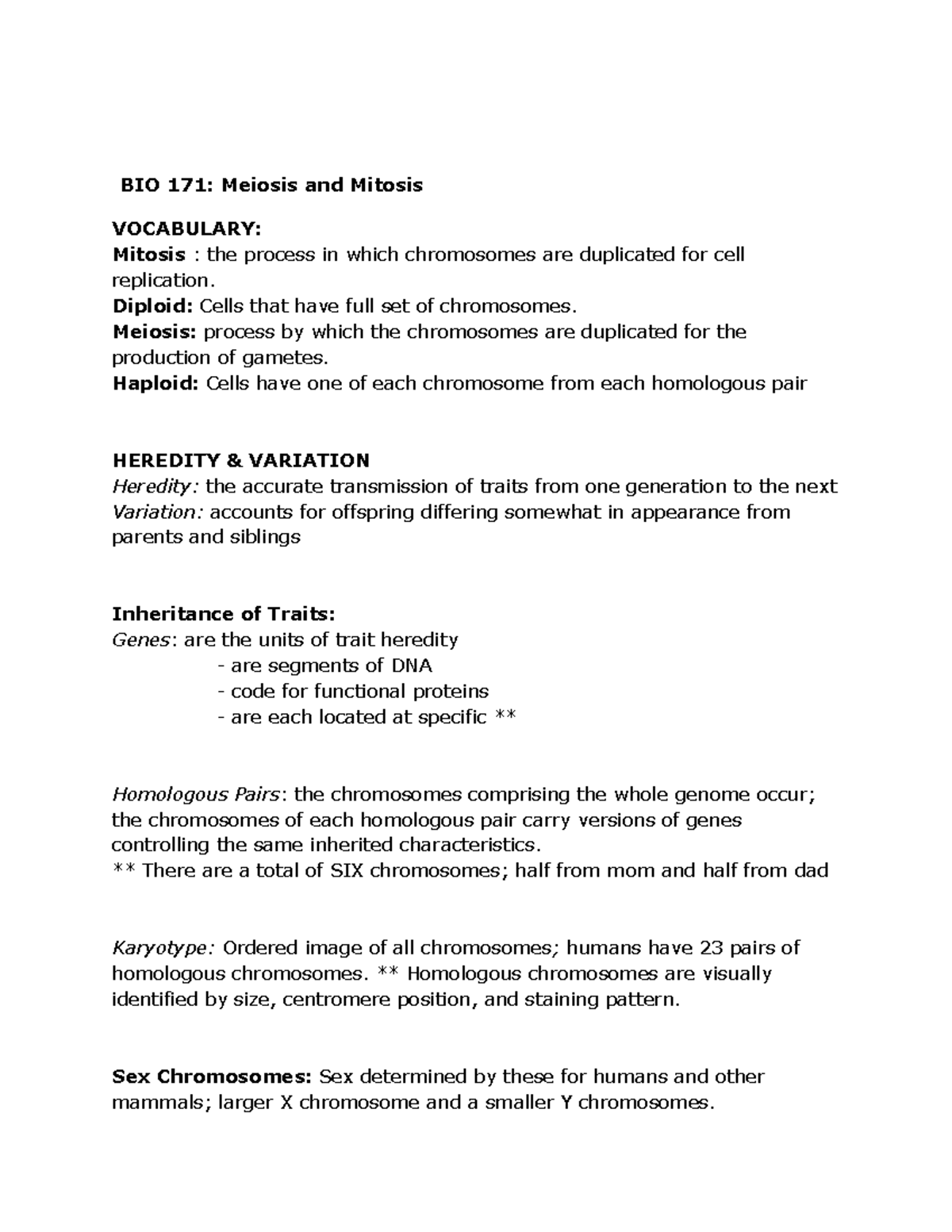 BIOLOGY 171 Introduction to Biology I - BIO 171: Meiosis and Mitosis ...