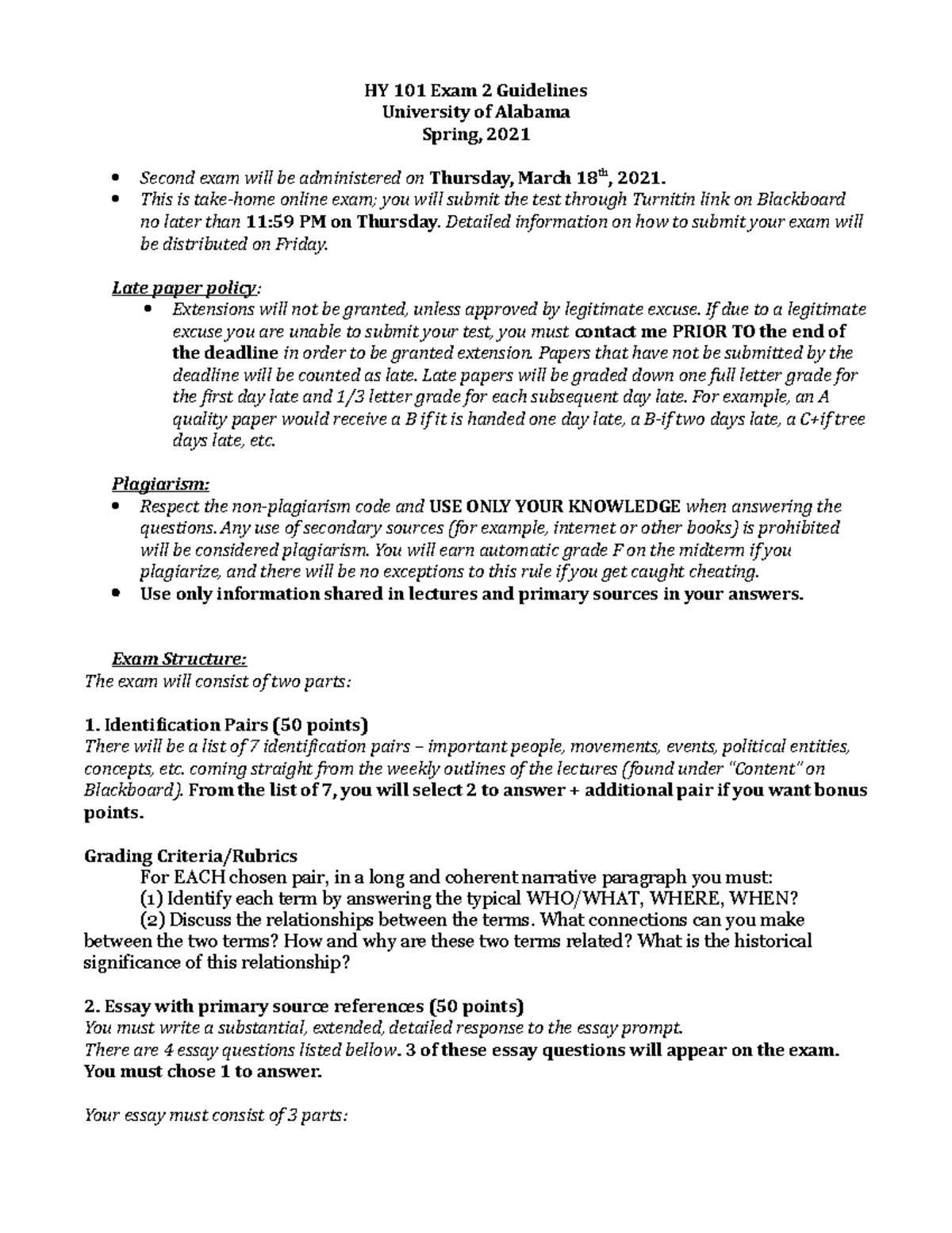 HY 101 Test 2 Study Guide - HY 101 - Alabama - Studocu