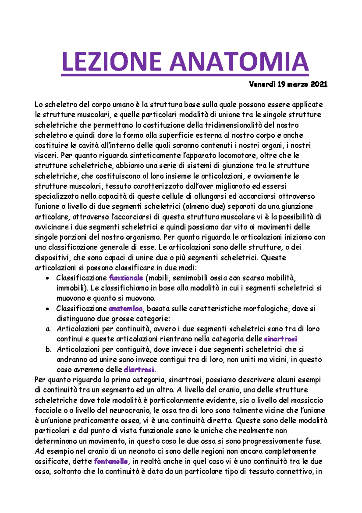 Articolazioni (lez - appunti lezione - LEZIONE ANATOMIA Venerdì 19 marzo 2021 Lo scheletro del ...