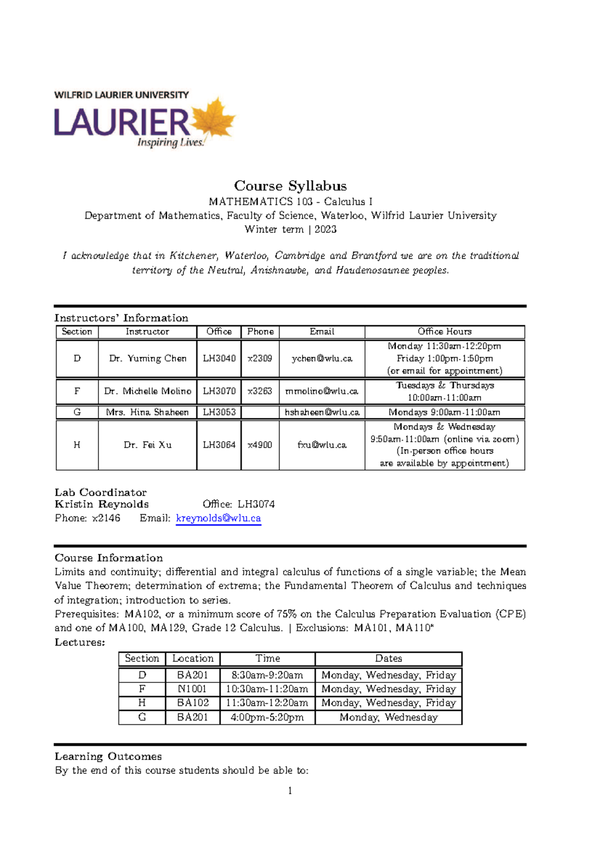 MA103-2023W - easy - Course Syllabus MATHEMATICS 103 - Calculus I ...