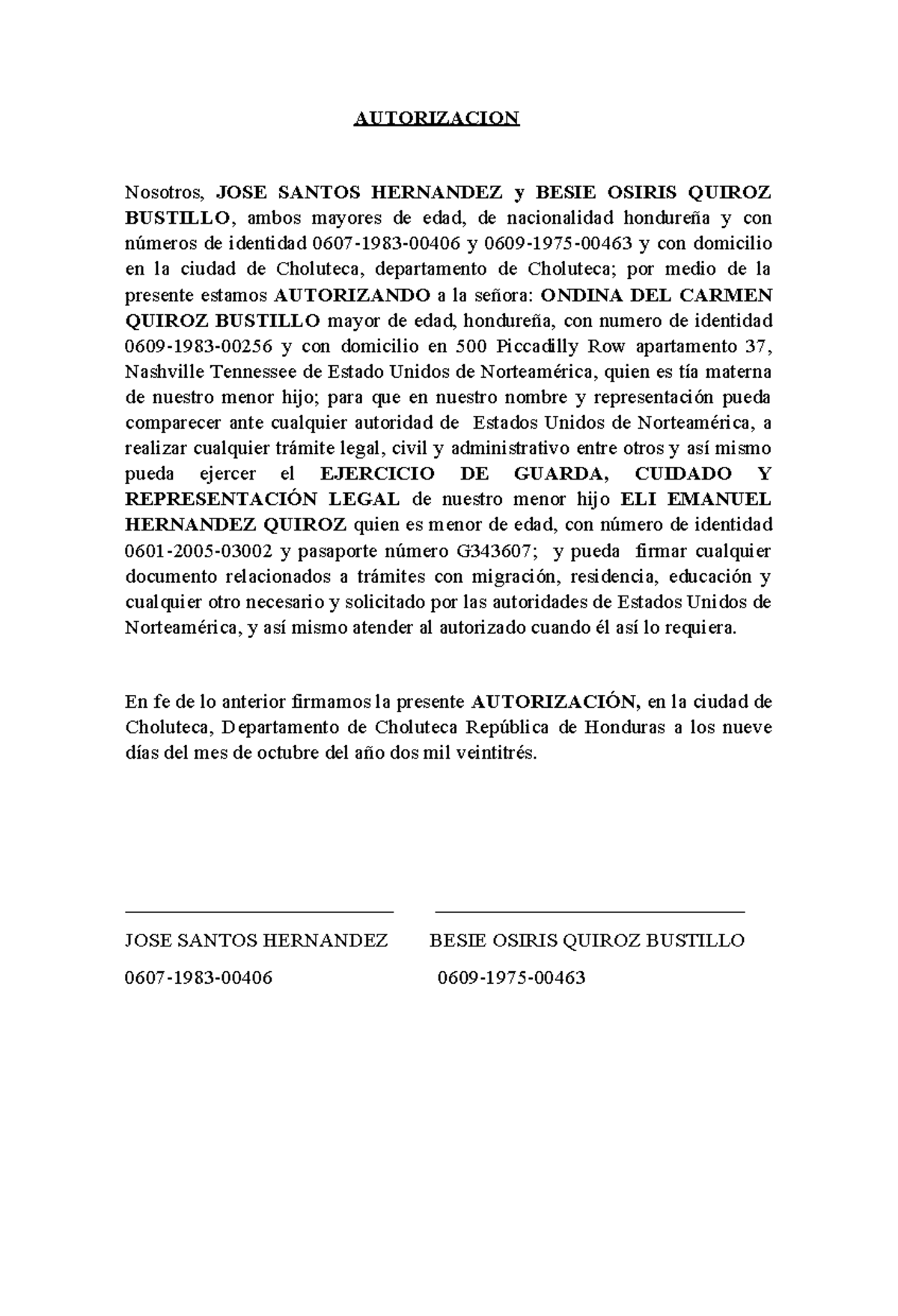 Autorizacion JOSE Santos USA - AUTORIZACION Nosotros, JOSE SANTOS ...