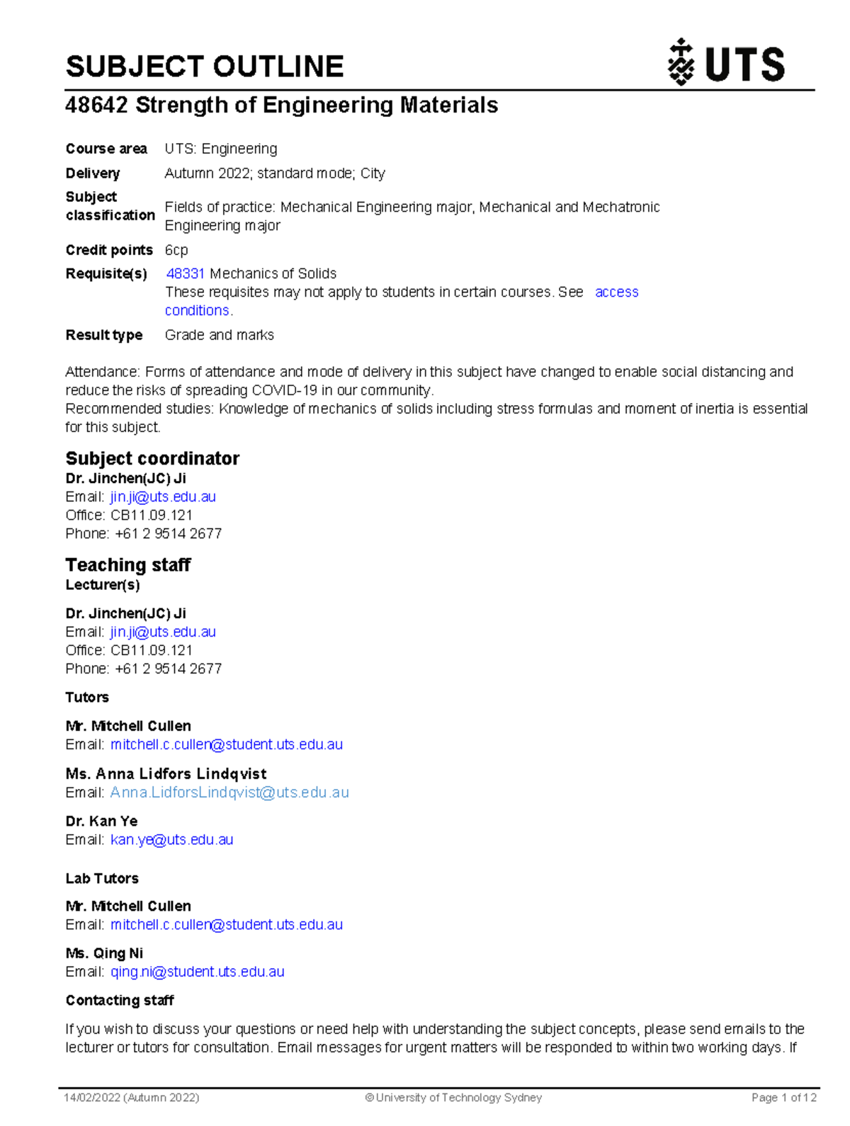 Subject Outline Strength of engineering materials - SUBJECT OUTLINE ...