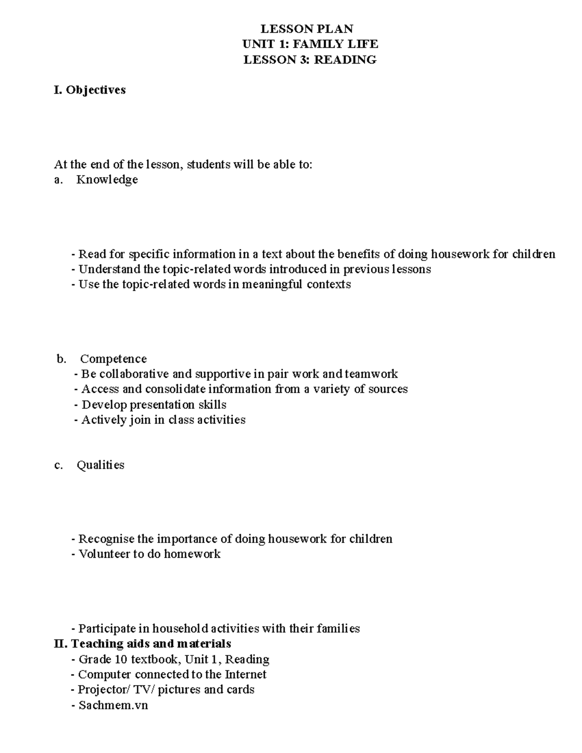 Lesson PLAN Reading UNIT 1 - LESSON PLAN UNIT 1: FAMILY LIFE LESSON 3 ...