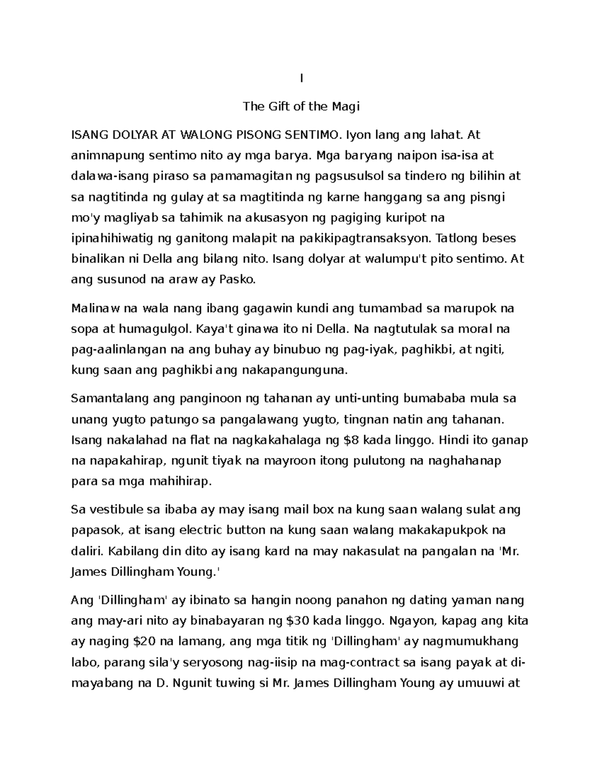 O henry Story - Tagalog - I The Gift of the Magi ISANG DOLYAR AT WALONG ...