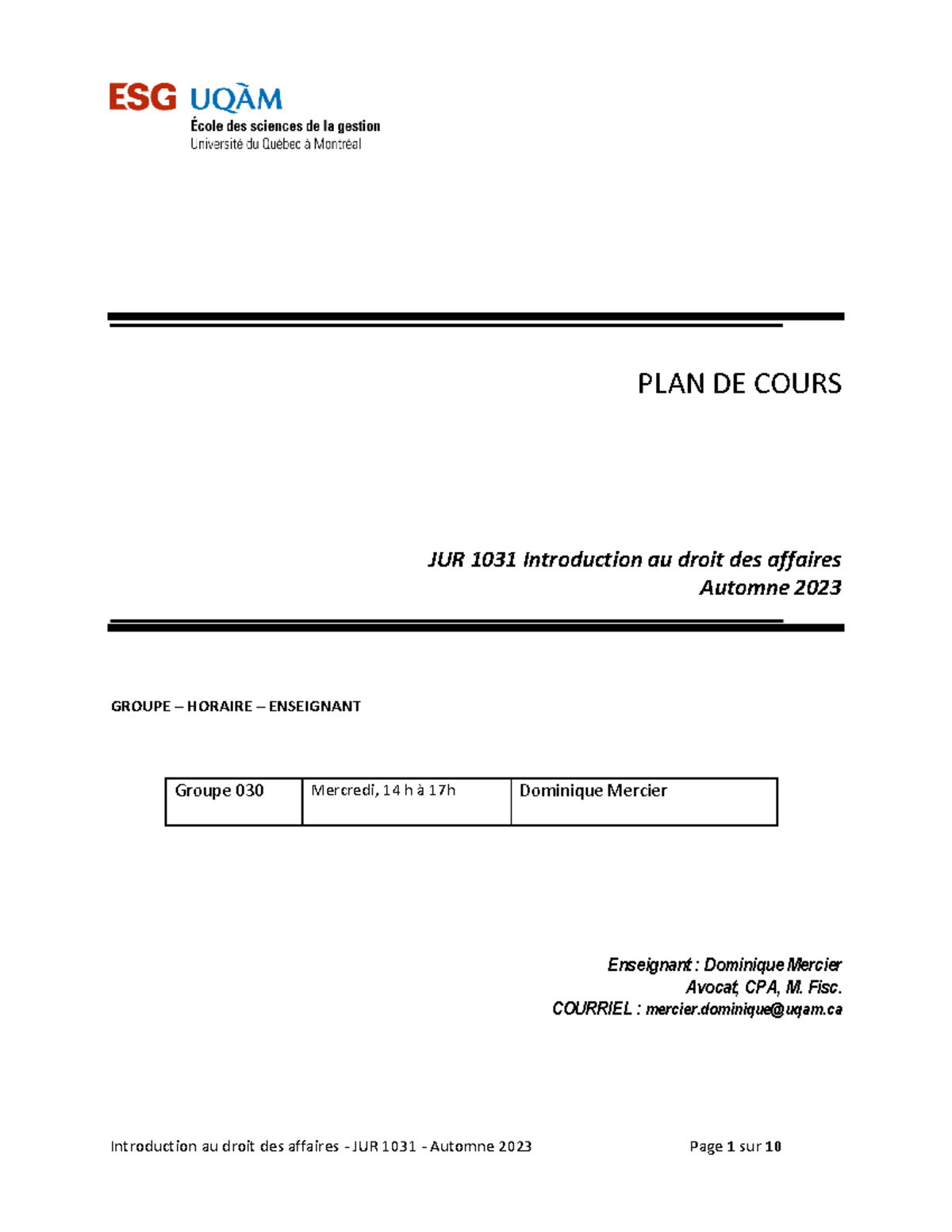 PLAN DE Cours - PLAN DE COURS JUR 1 031 Introduction au droit des ...