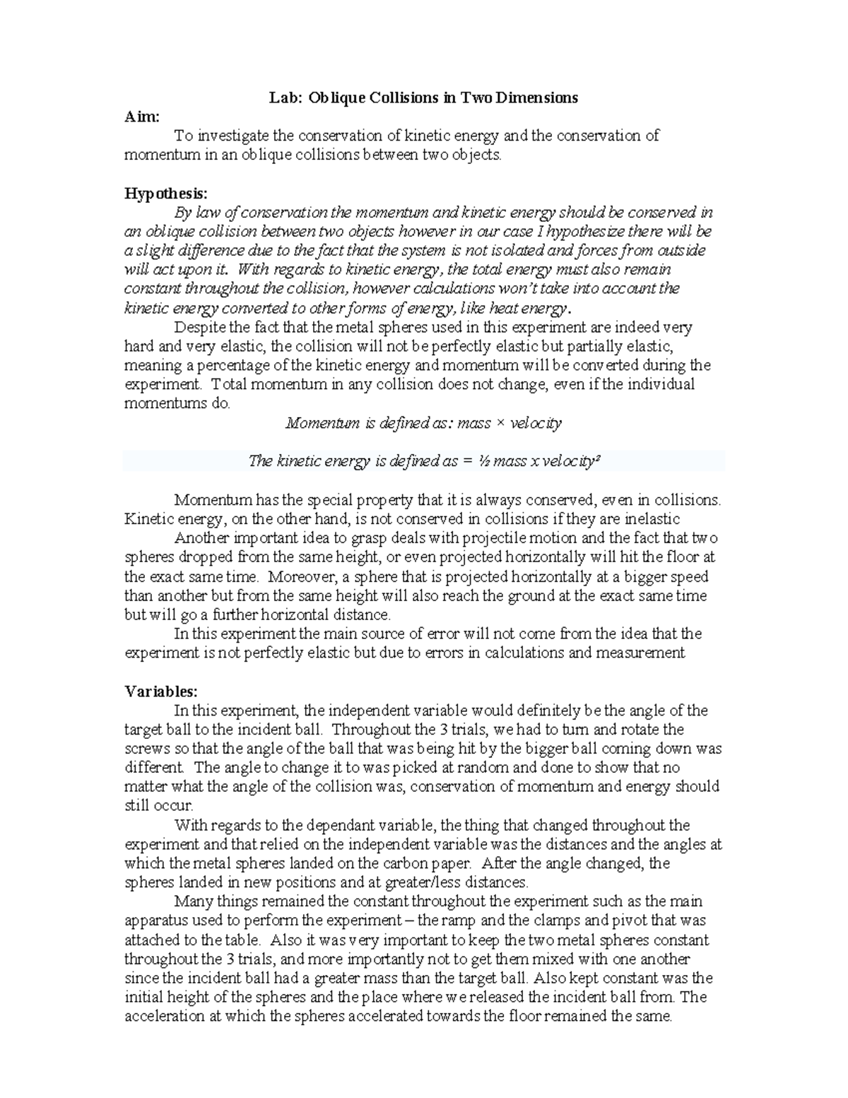 PDF Oblique Collisions in Two Dimensions lab - Lab: Oblique Collisions in Two Dimensions Aim: To ...