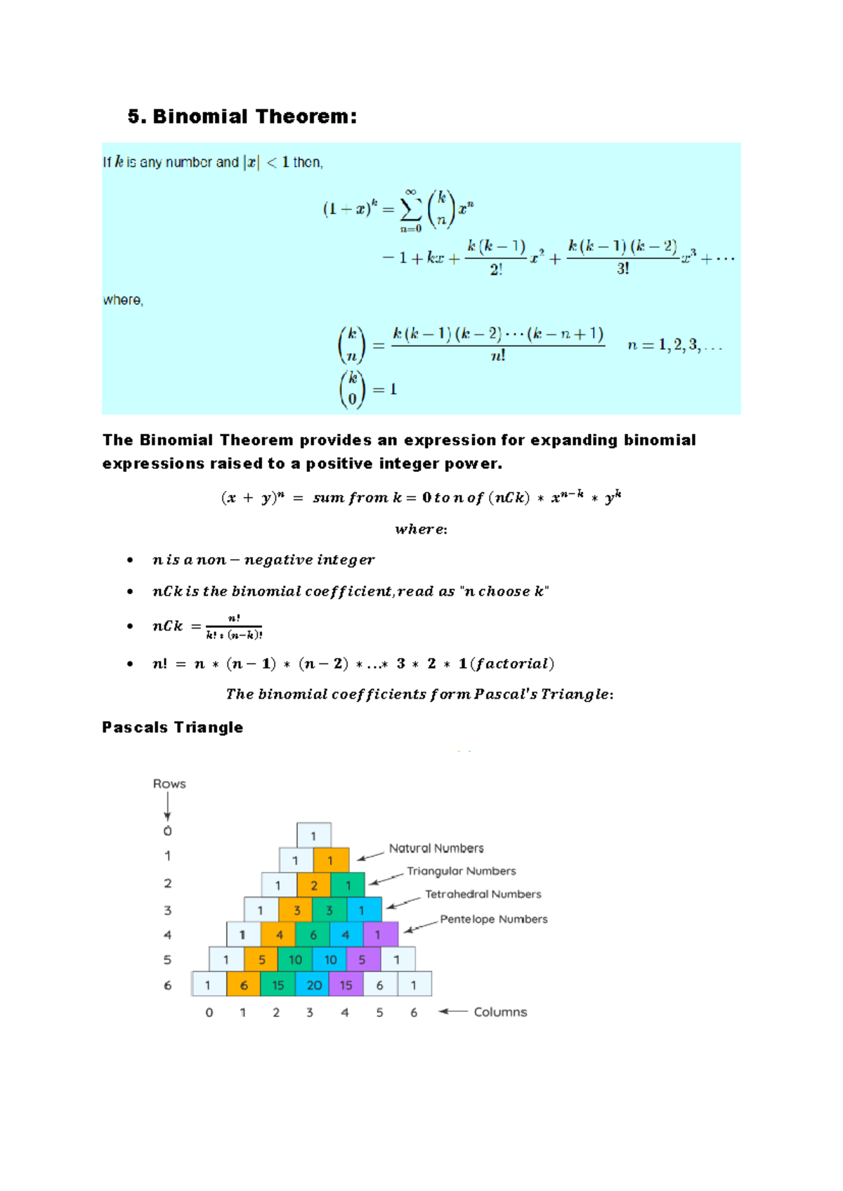 Summaries - Binomial Thm, Exponential and log functions, hyperbolic functions, Inverse functions ...