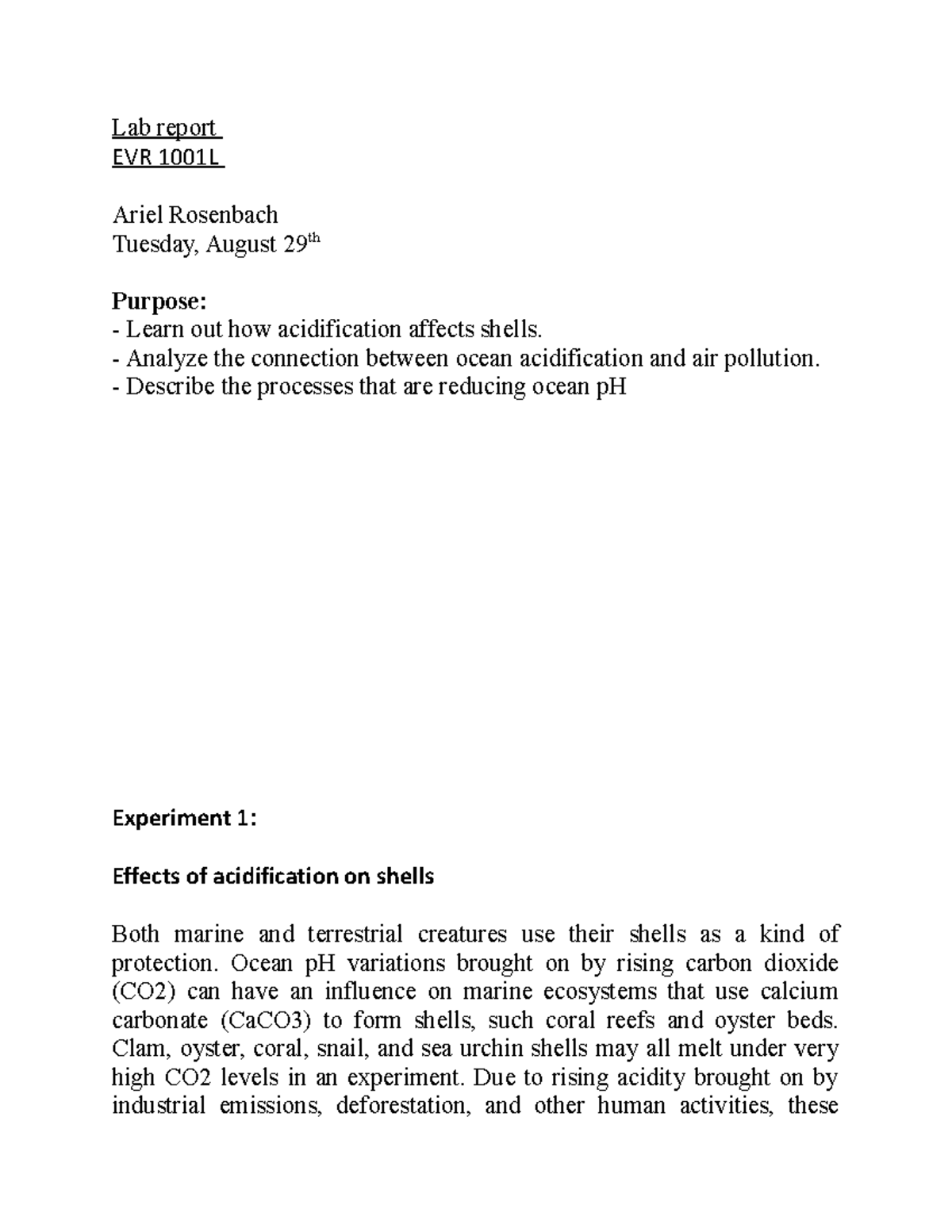 Lab report 1. Acid/base - Lab report EVR 1001L Ariel Rosenbach Tuesday ...