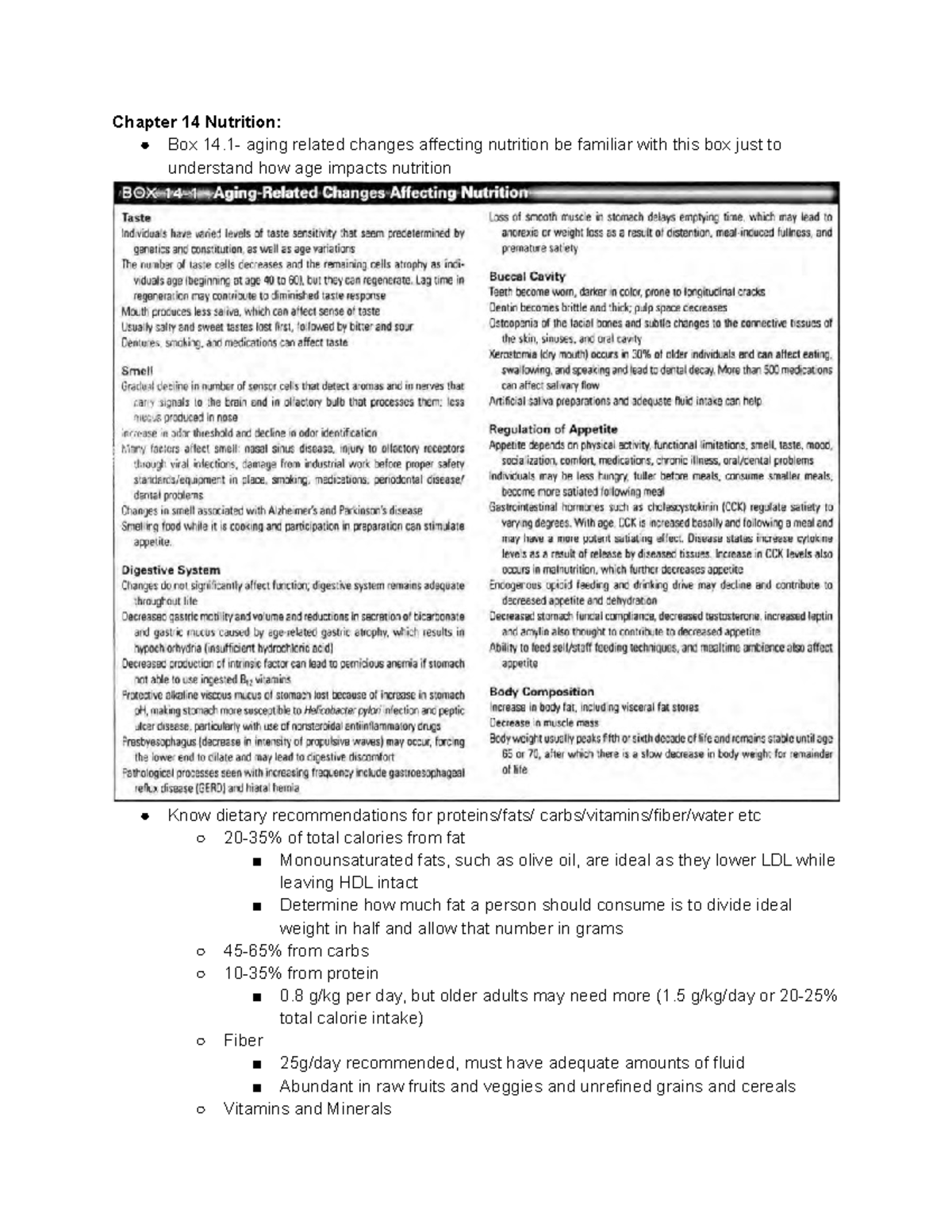 OA Exam 2 Study Guide - Chapter 14 Nutrition: Box 14- aging related ...