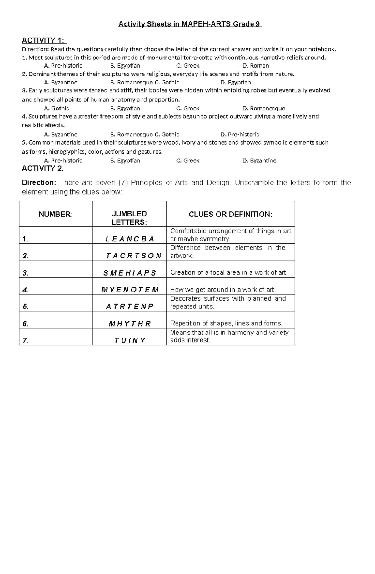 Activity sheets arts quarter 1 - Activity Sheets in MAPEH-ARTS Grade 9 ...