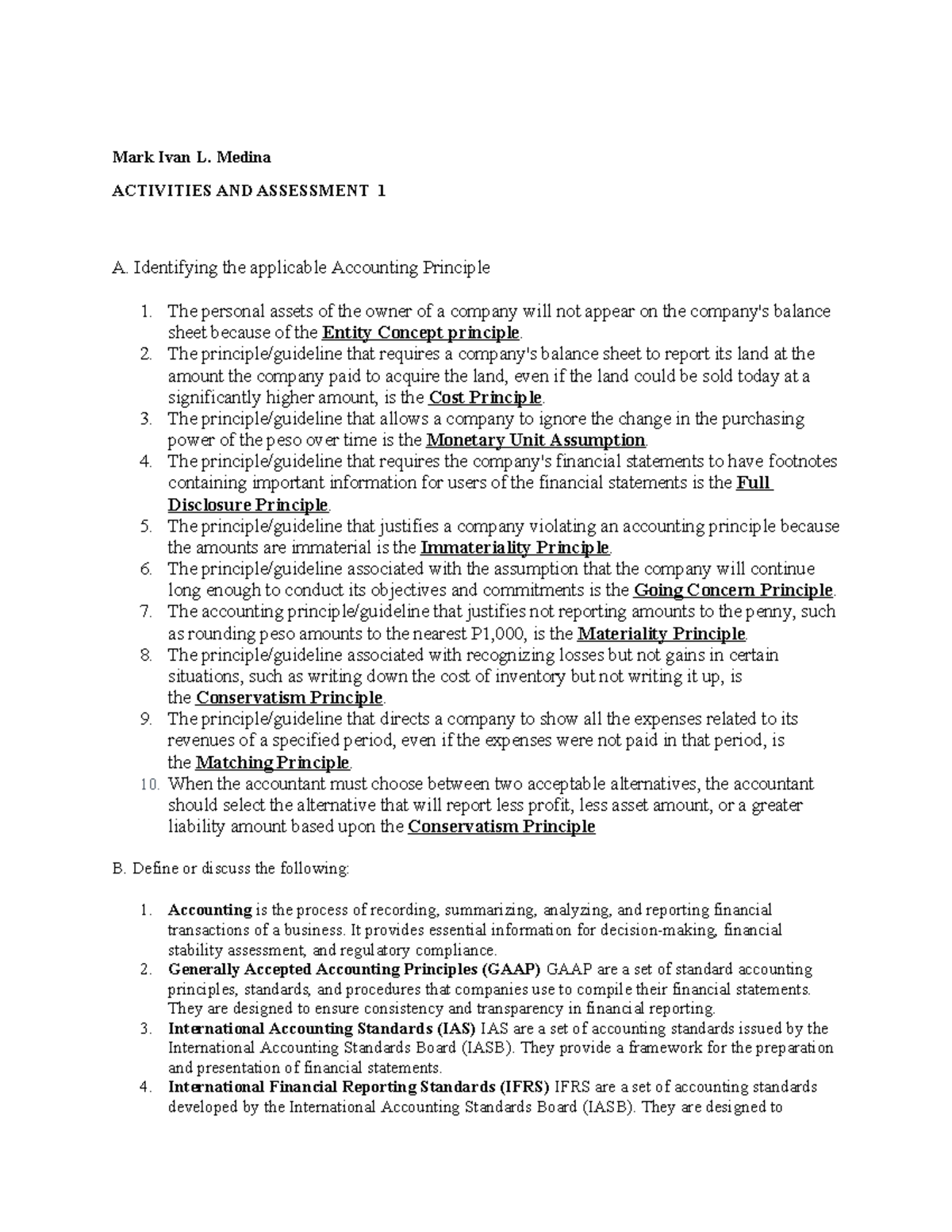 Accounting assignment 1 - Mark Ivan L. Medina ACTIVITIES AND ASSESSMENT ...