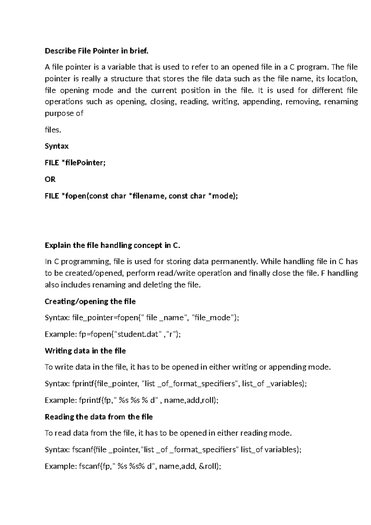 Explain the file handling concept in C - Describe File Pointer in brief ...