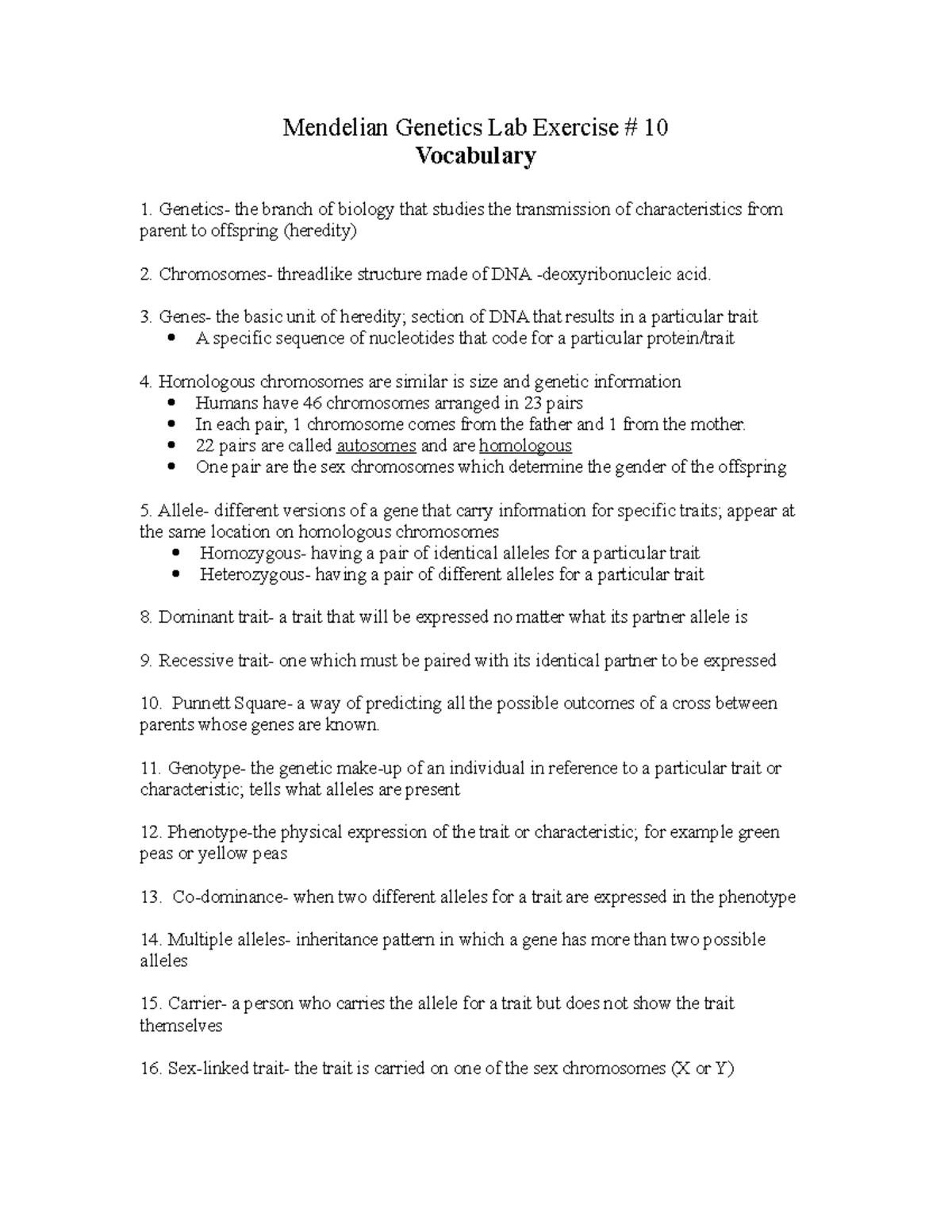 Mendelian Genetics vocabulary - Mendelian Genetics Lab Exercise # 10 ...
