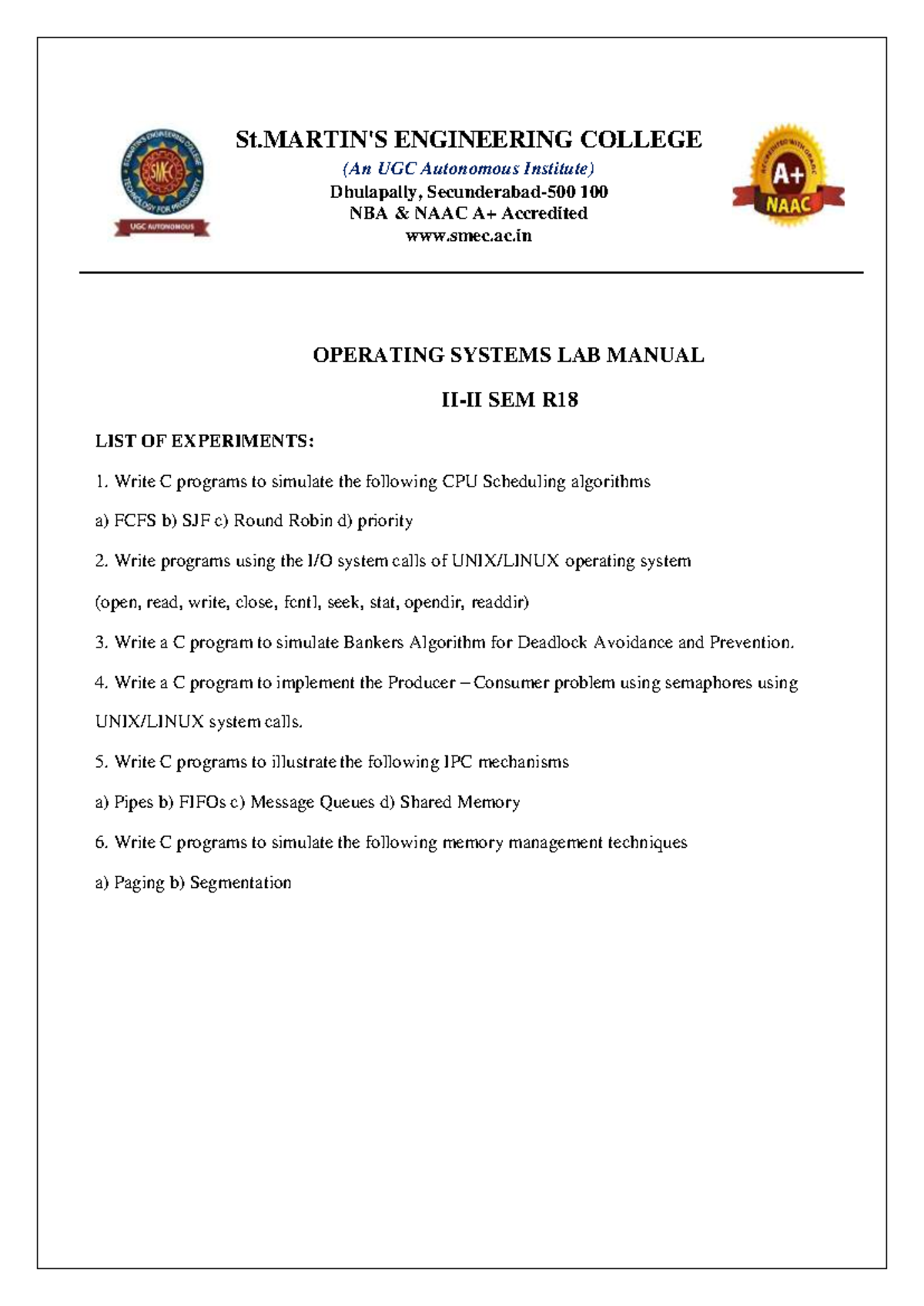 OS LAB Manual 2-2 R18 Student Final Updated - St'S ENGINEERING COLLEGE ...