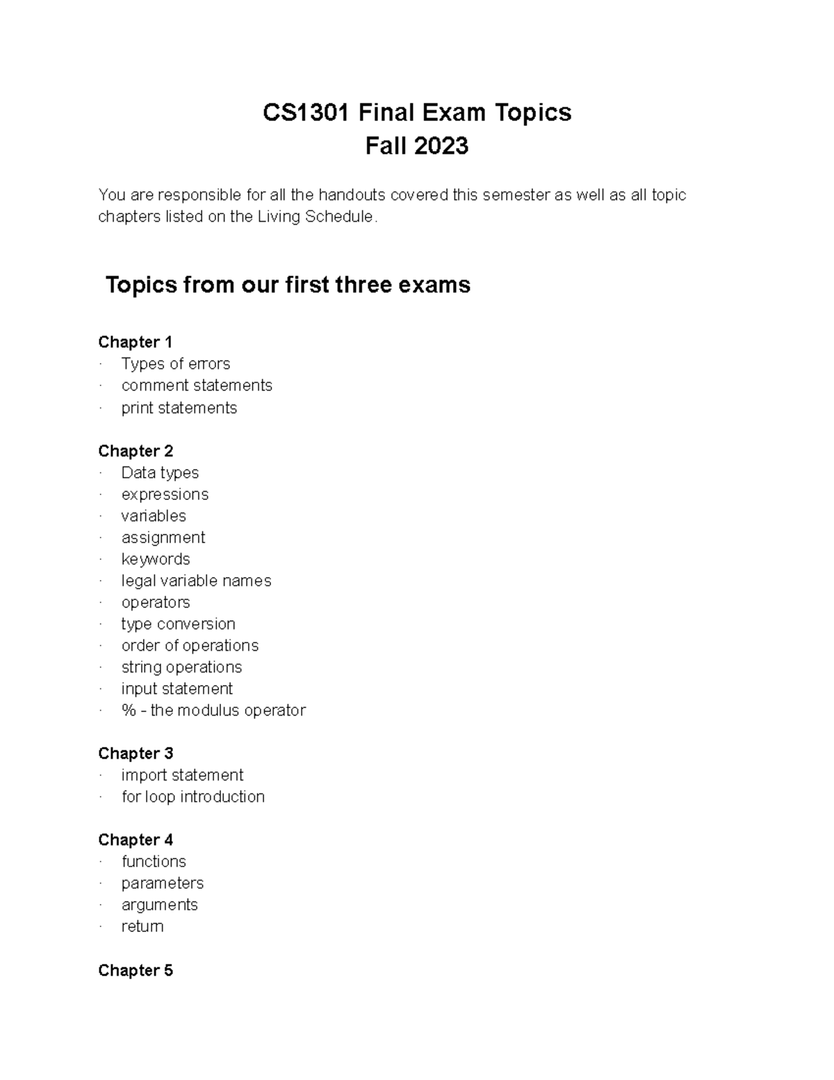 CS1301 F23 Final Exam Topic List - CS1301 Final Exam Topics Fall 2023 ...