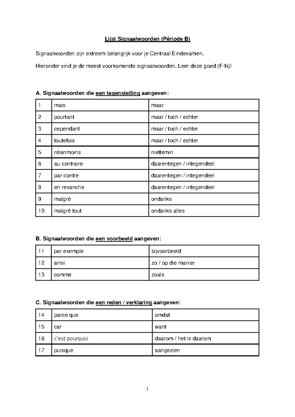 Lijst Signaalwoorden (Période B) - 1 Lijst Signaalwoorden (Période B ...