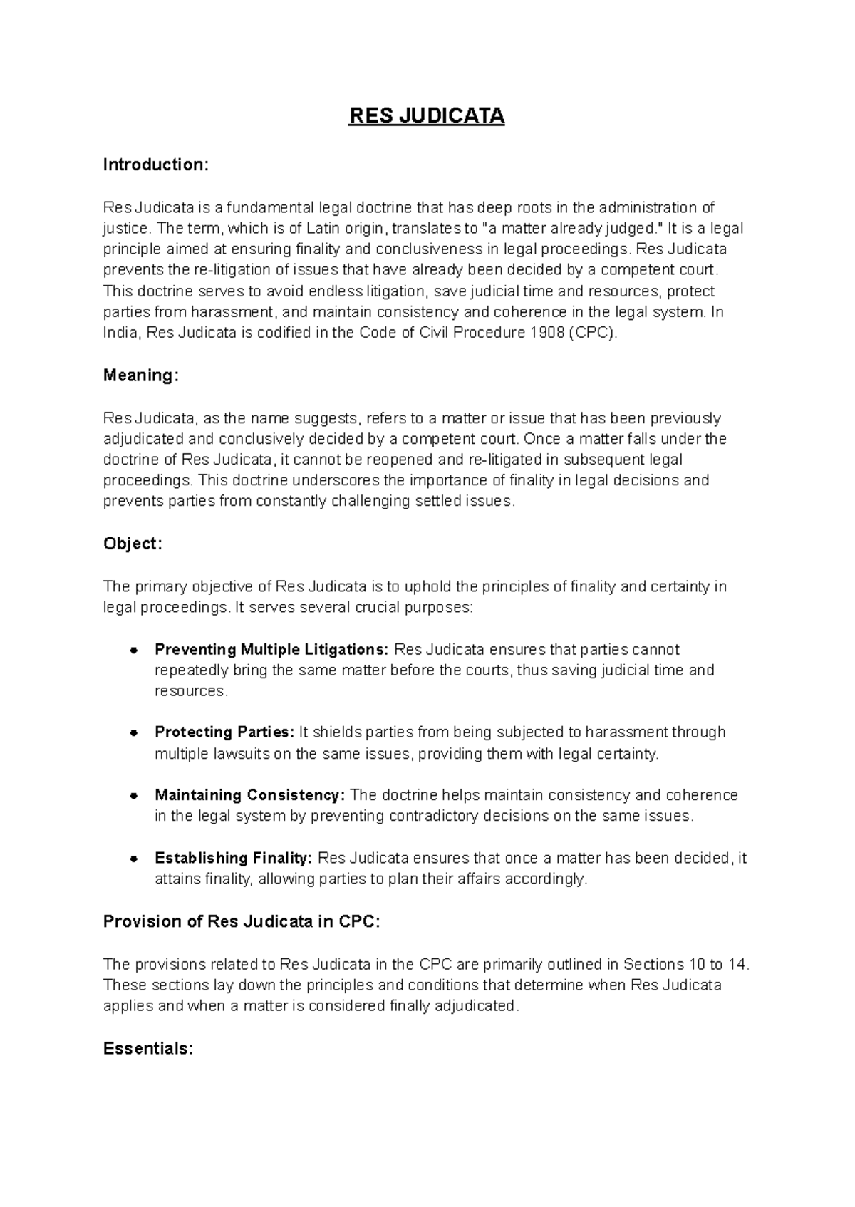 RES Judicata - RES JUDICATA Introduction: Res Judicata is a fundamental ...