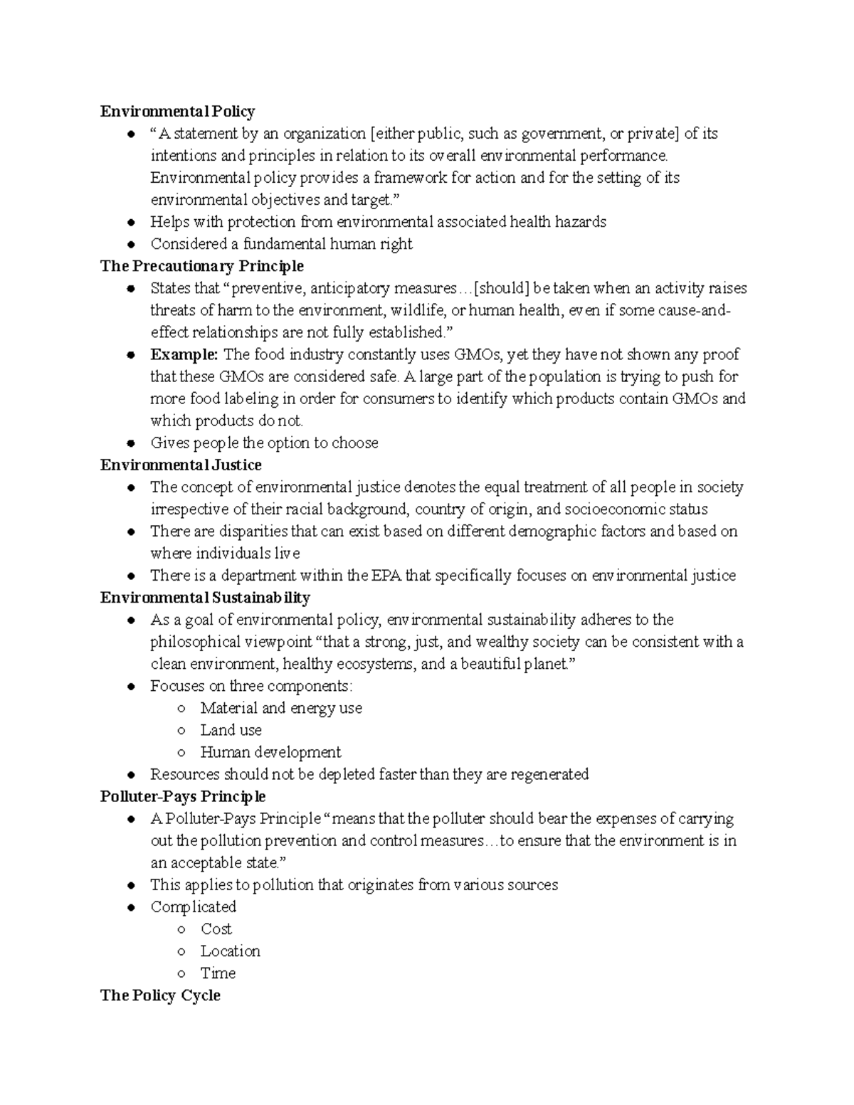 Ch. 4 - Environmental Policy and Regulation - Environmental Policy “A ...