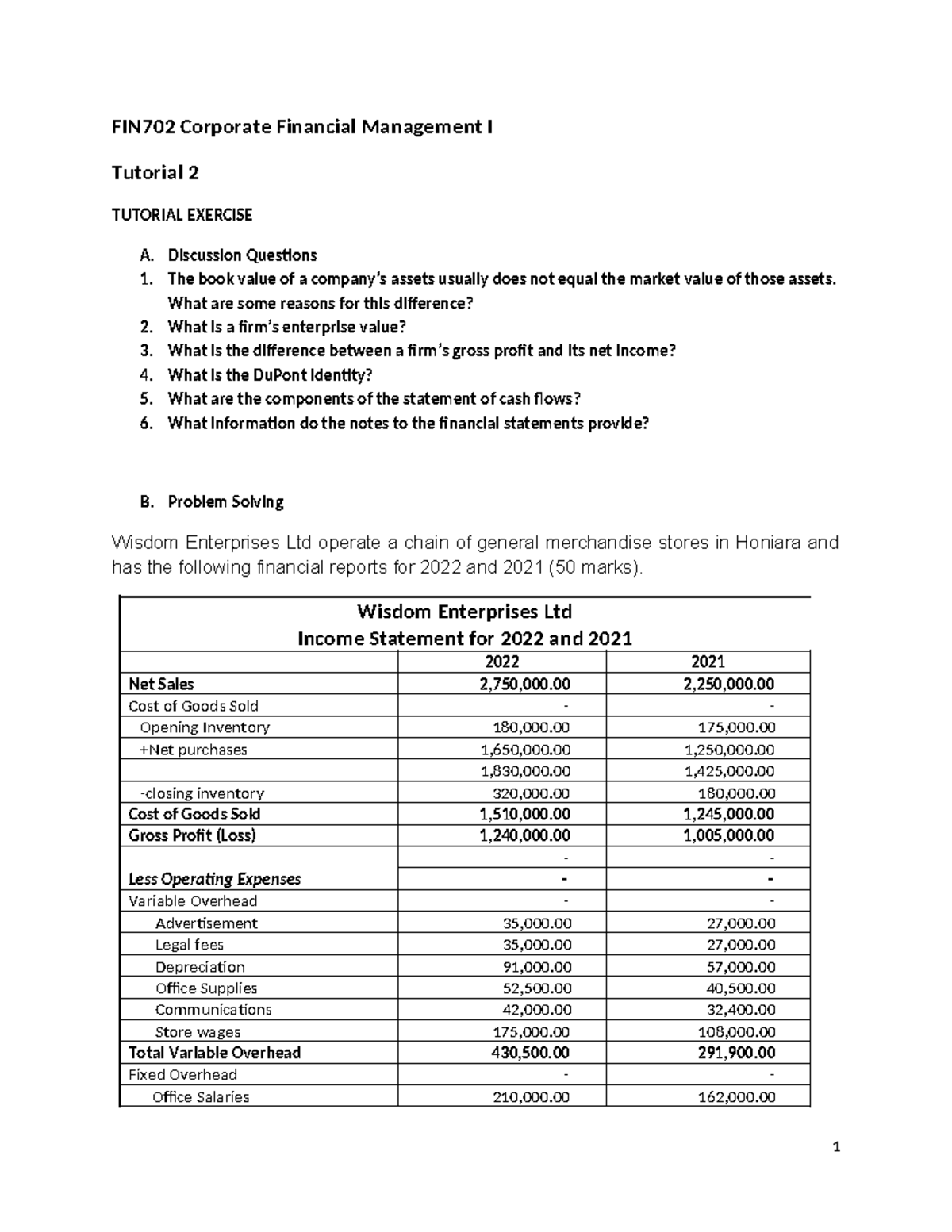 FIN702 Tutorial 2 Questions - FIN702 Corporate Financial Management I ...